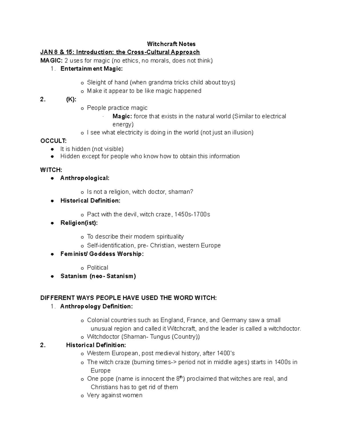 Witchcraft - Lecture notes 1 - Witchcraft Notes JAN 8 & 15 ...