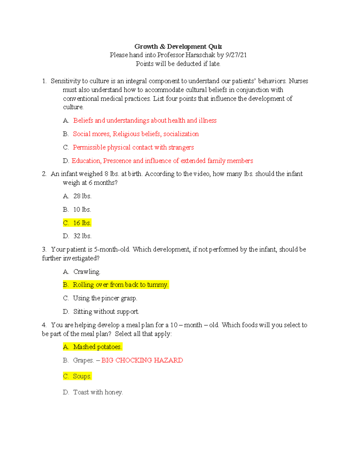 Growth and Development quiz - Growth & Development Quiz Please hand ...
