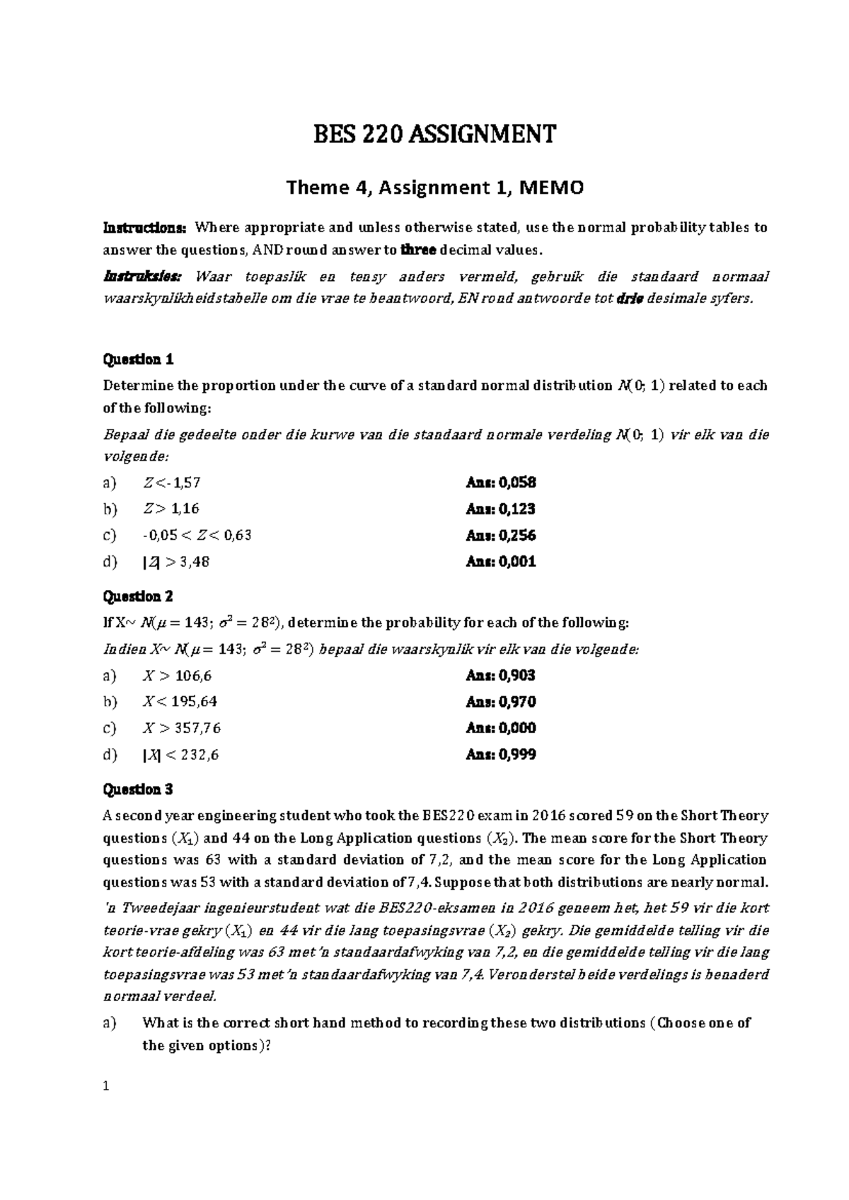 BES220 2019 Th4 Ass 1 MEMO - 1 BES 220 ASSIGNMENT Theme 4, Assignment 1, MEMO Instructions ...
