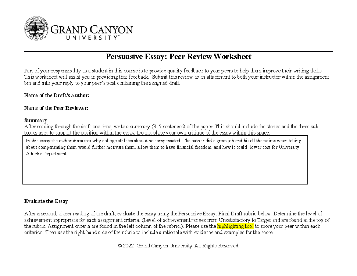 T-6 Peer Review Worksheet PHI105 - Persuasive Essay: Peer Review ...