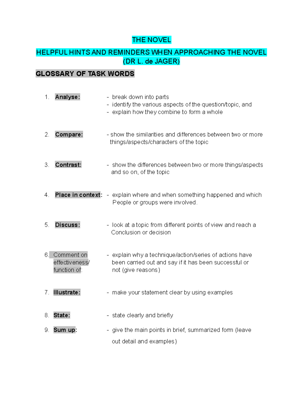 Notes on Helpful Hints When Approaching the Novel - THE NOVEL HELPFUL ...