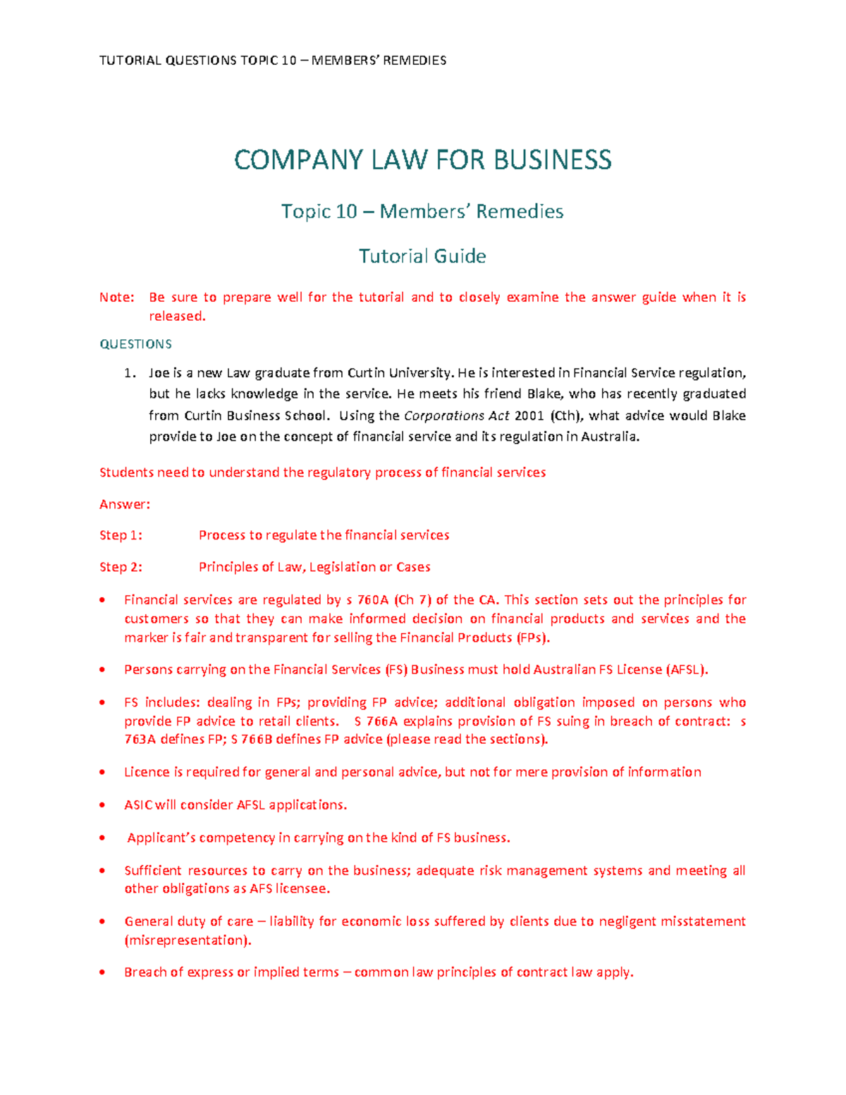 Topic 10 - Members Remedies and FSR - Tutorial Guide - COMPANY LAW FOR ...