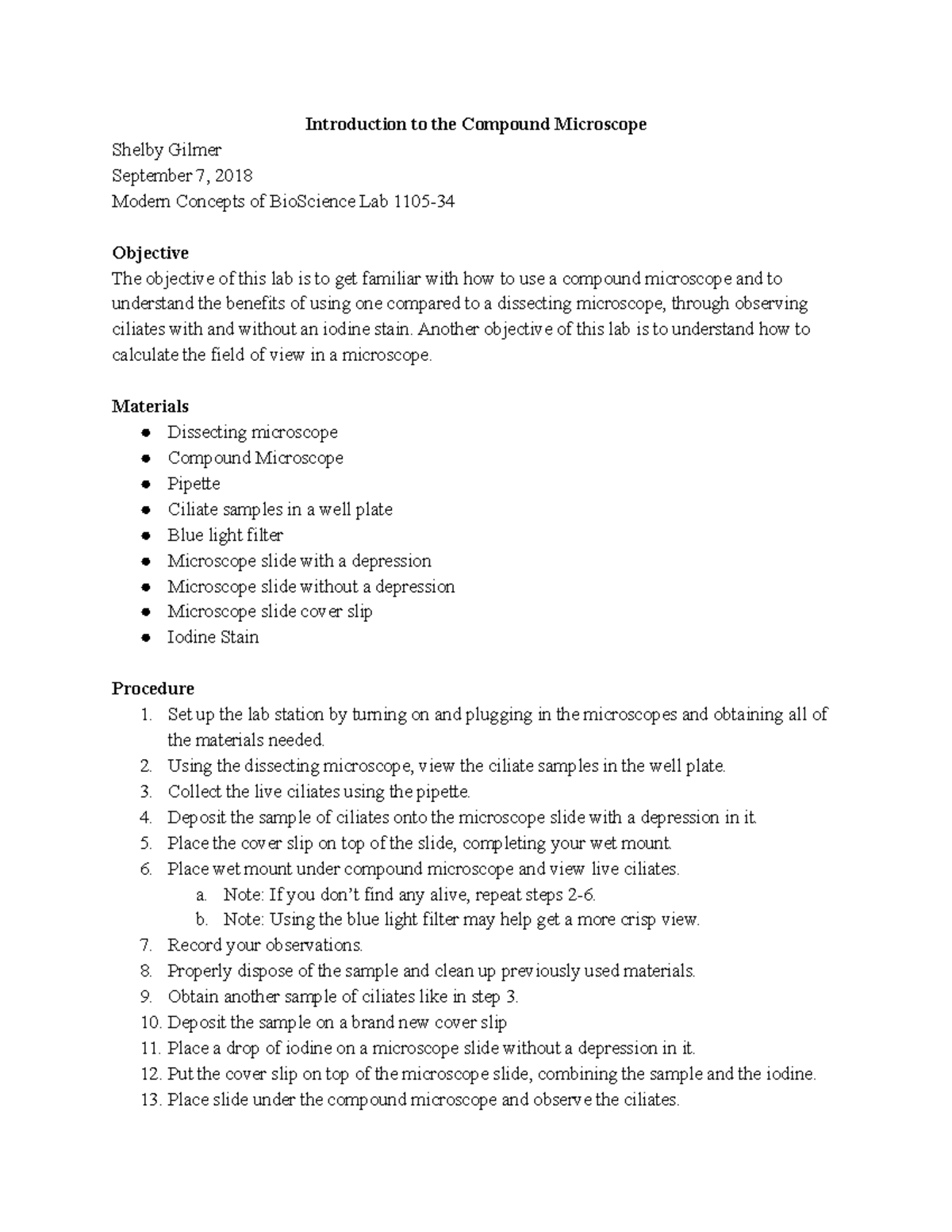 2 - Bio 1105 Cili Cure Lab 2 - Introduction to the Compound Microscope ...