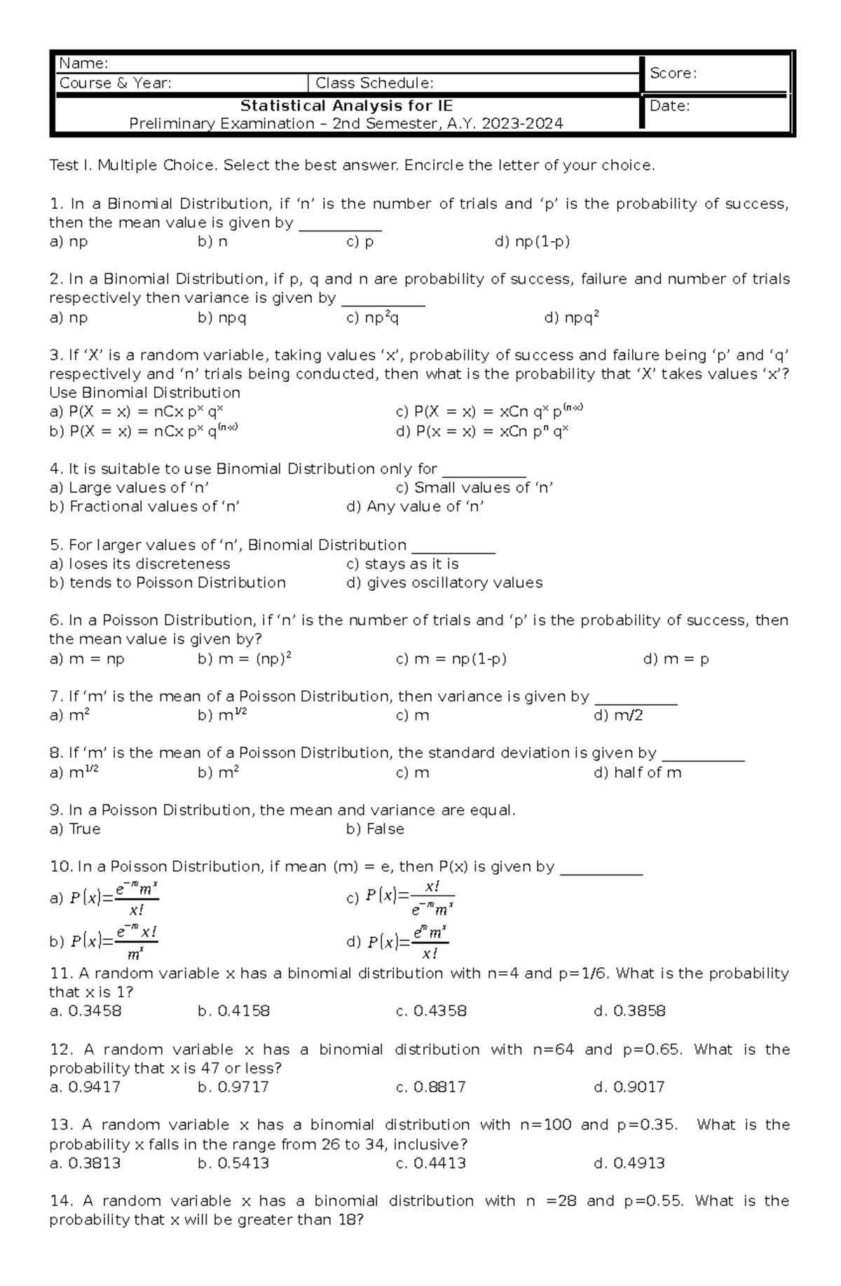 Prelim EXAM - Name: Score: Course & Year: Class Schedule: Statistical ...