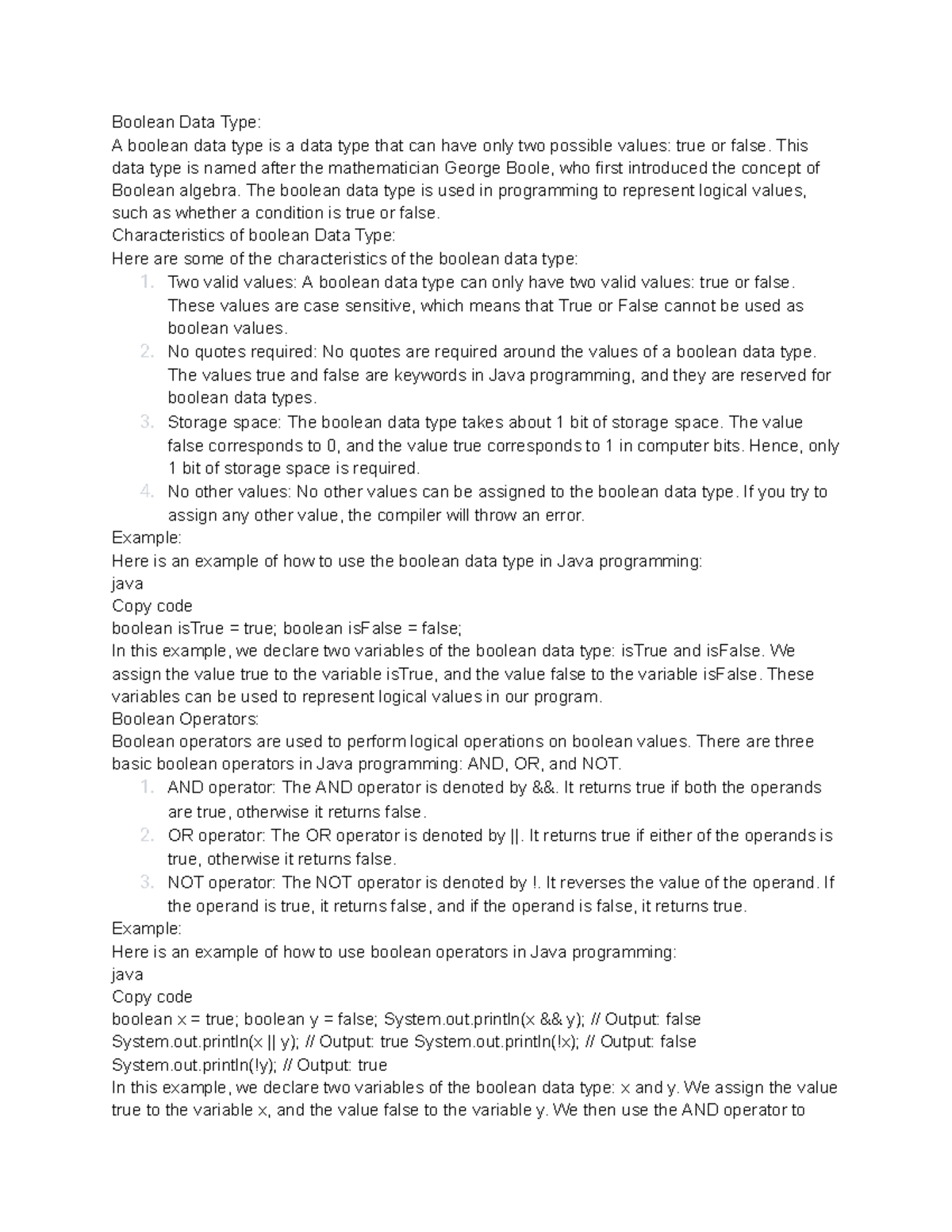 Com 101 Lecture Notes 4 Boolean Data Type A Boolean Data Type Is A Data Type That Can Have