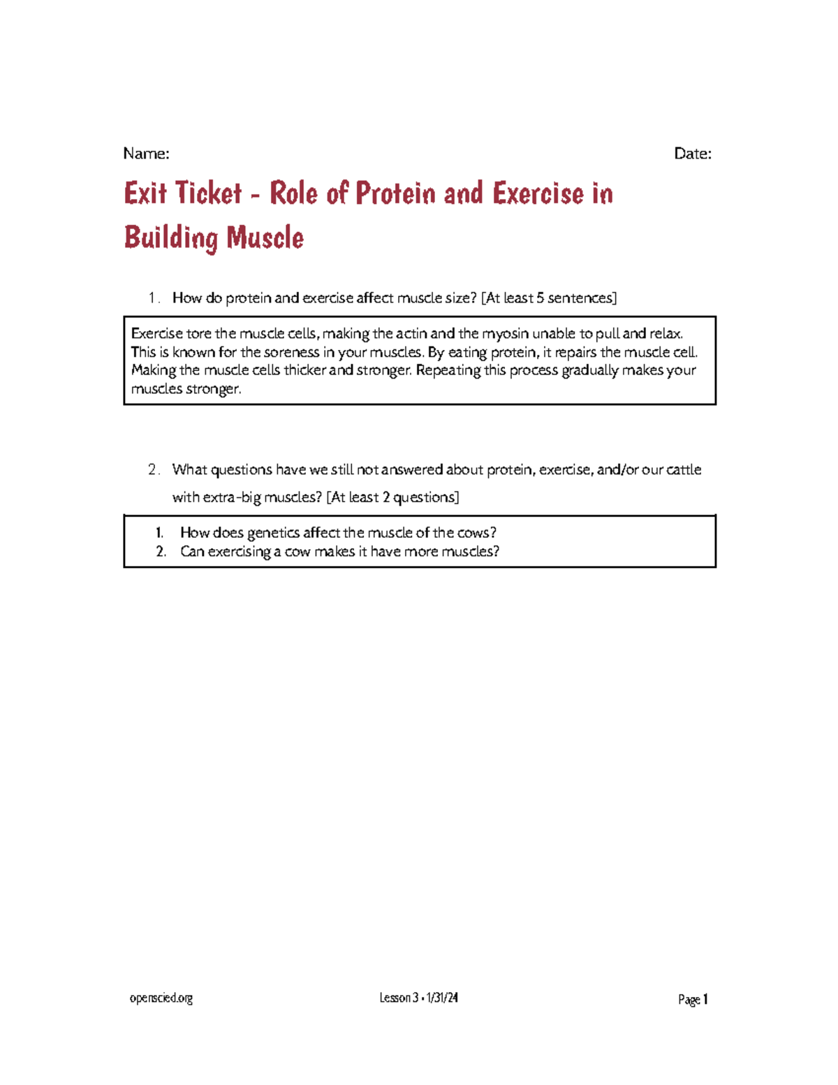 Exit Ticket - Role of Protein and Exercise in Building Muscle - How do ...