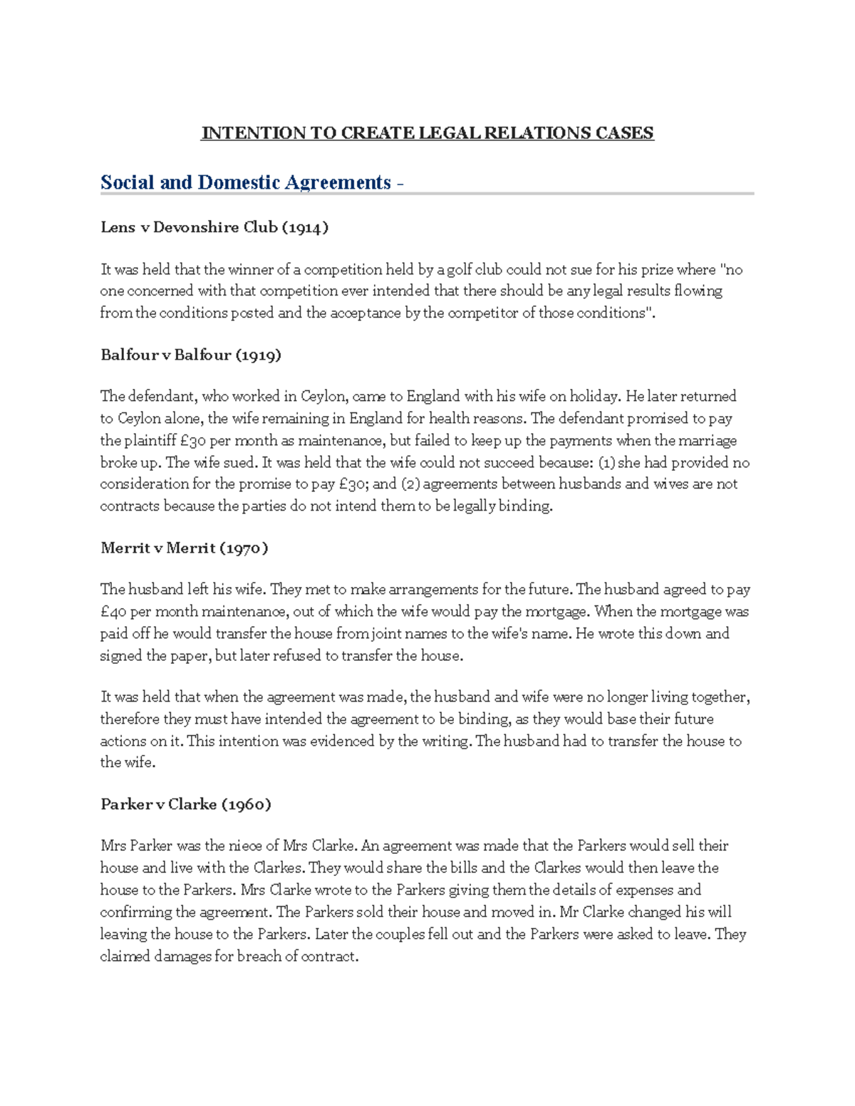 Creating legal relations cases - INTENTION TO CREATE LEGAL RELATIONS ...