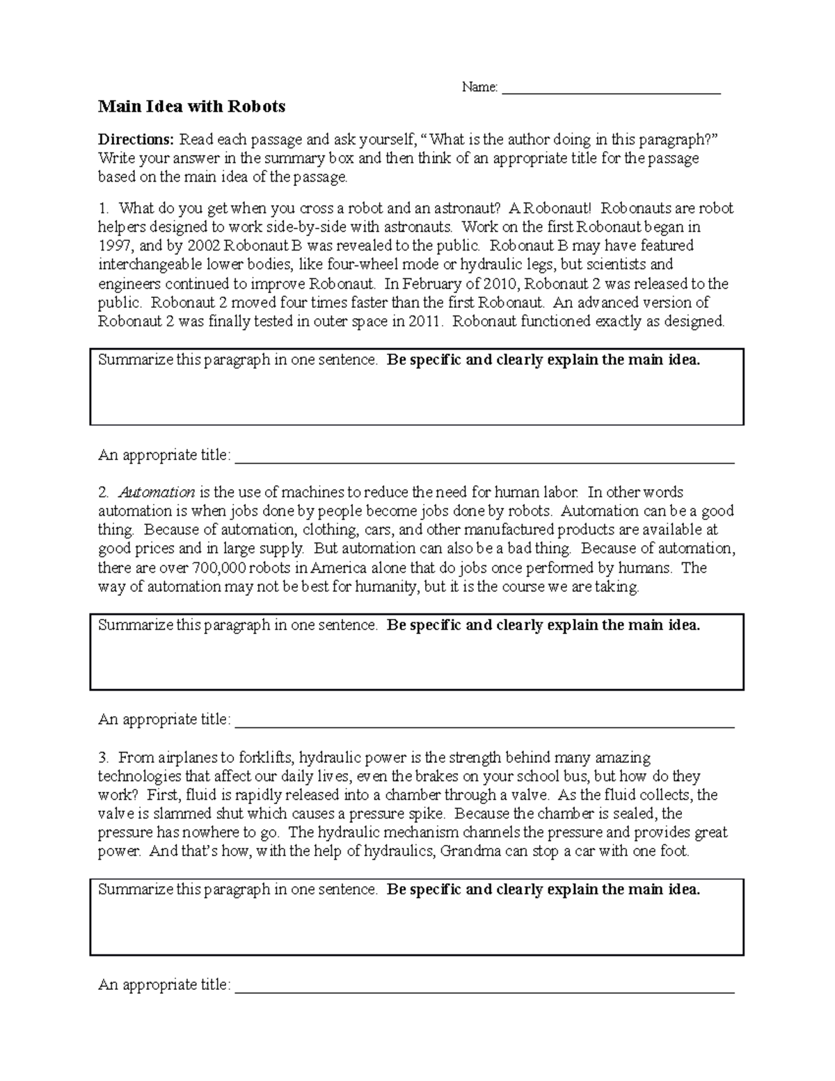 Main-idea-3(Worksheet) - Name: ________________________________ Main ...