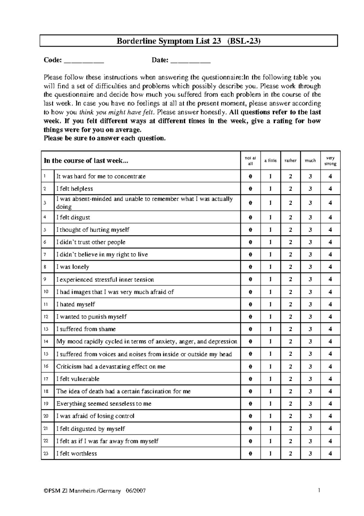 Borderline Symptom List BLS 23 - PSM ZI Mannheim /Germany 06/2007 1 ...