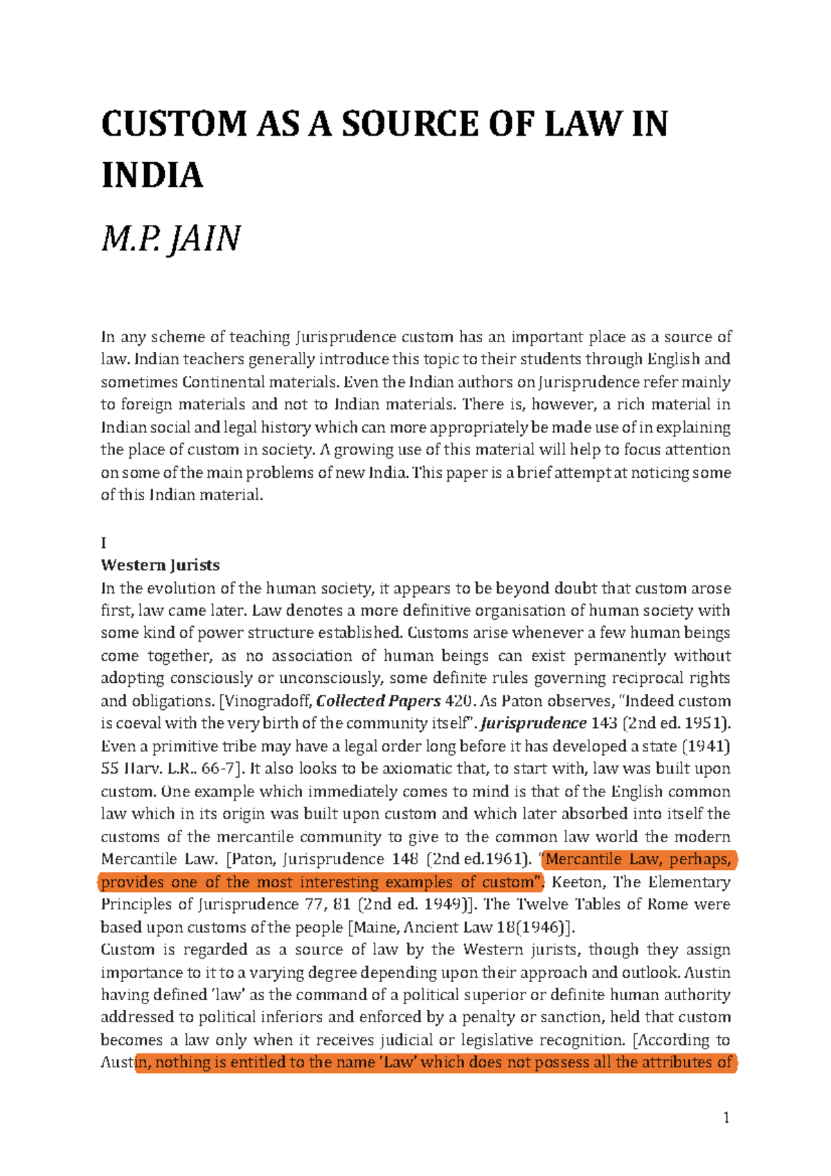 Custom as a Source of Law MP Singh - CUSTOM AS A SOURCE OF LAW IN INDIA ...