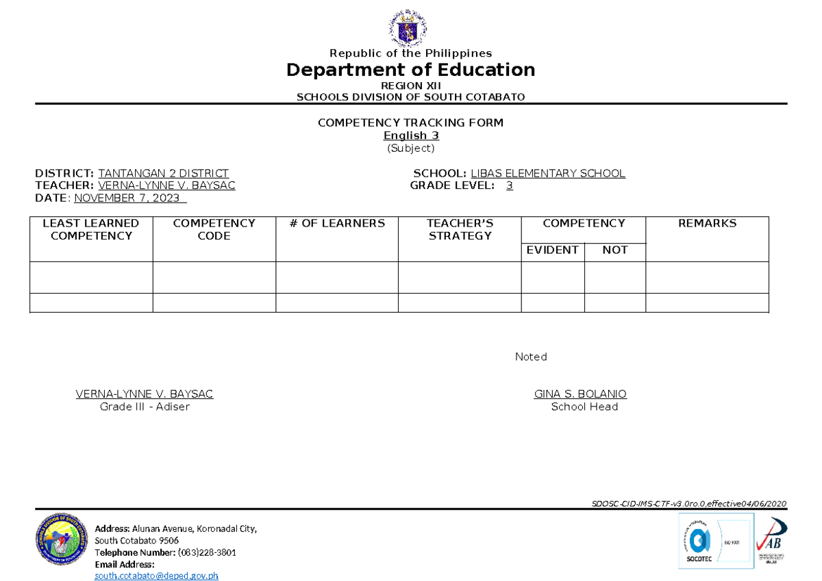 Competency Tracking Form 2023 2024 1 - Address: Alunan Avenue ...