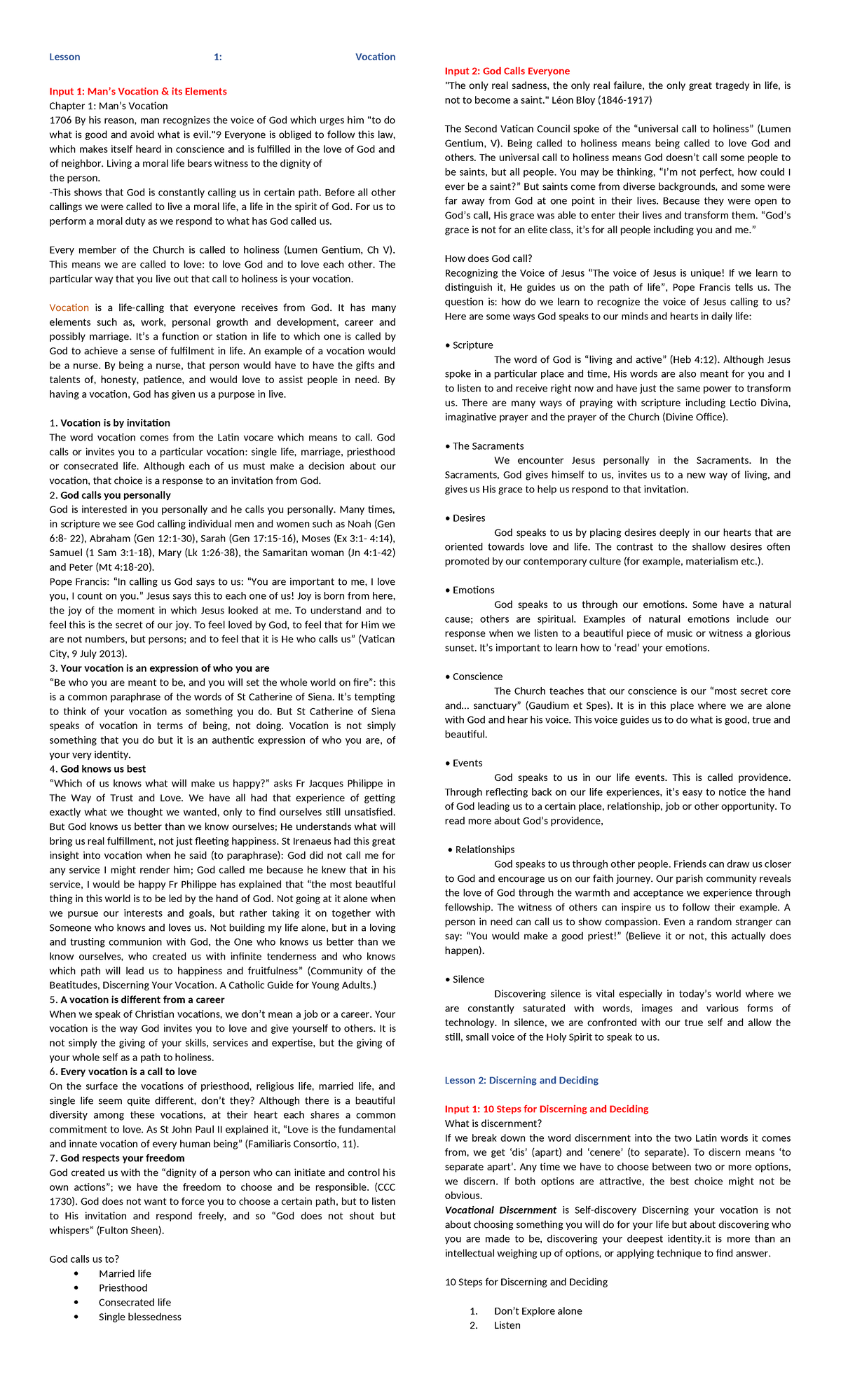 Vocation and retreat - Lesson 1: Vocation Input 1: Man’s Vocation & its ...