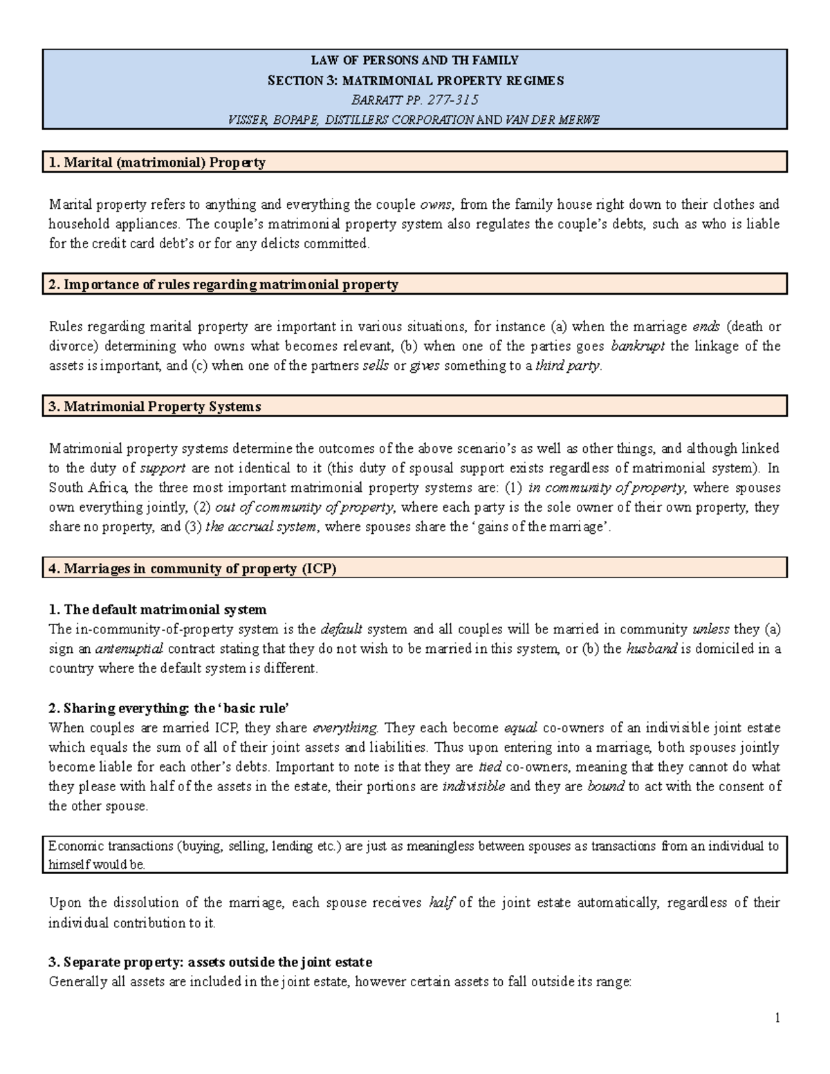 3. Matrimonial Property - LAW OF PERSONS AND TH FAMILY SECTION 3 ...