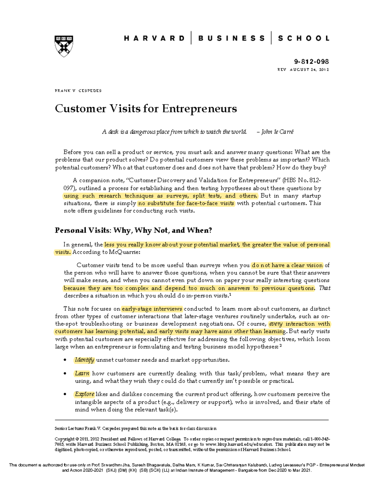 6. Customer Visits for Entrepreneurs - 9 - 812- 098 R E V : A U G U S T ...