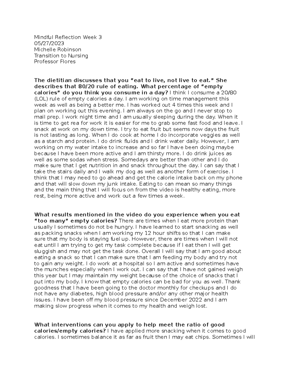 Mindful Reflection Week 3: Transition to Nursing and Healthy Eating ...