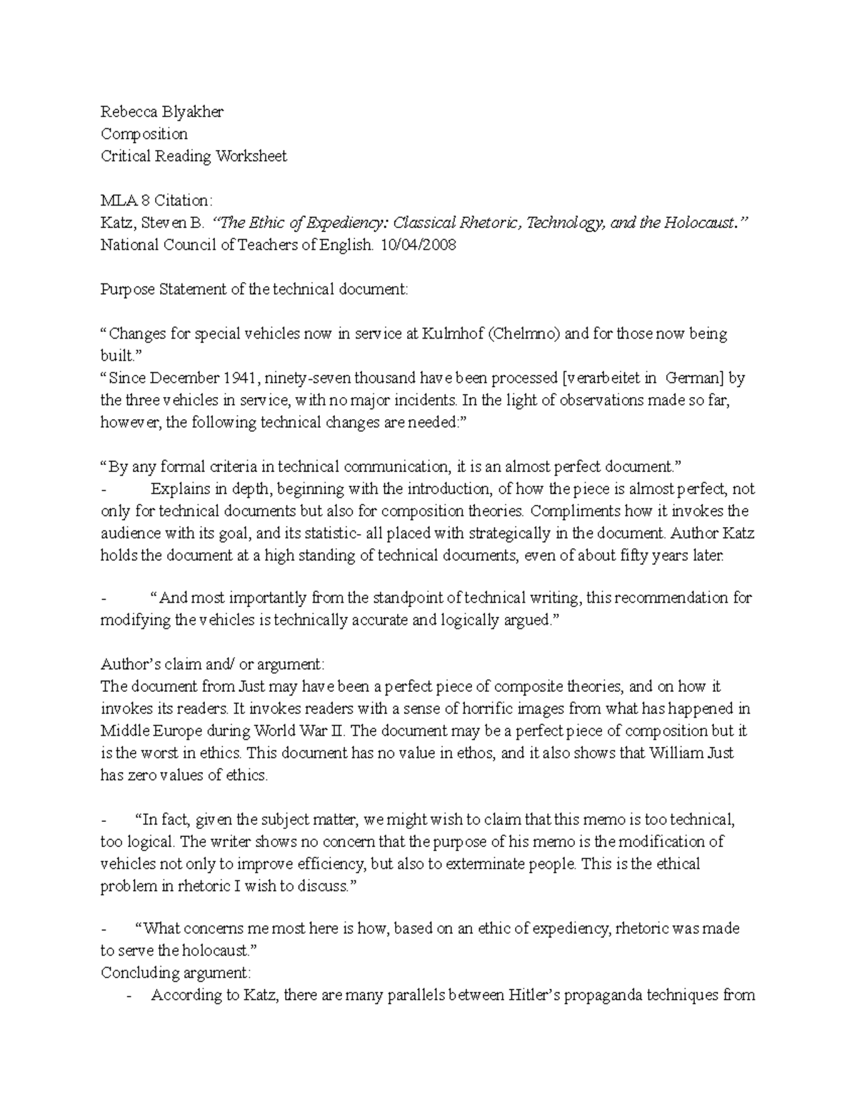 Critical Reading Worksheet 1 - Rebecca Blyakher Composition Critical ...