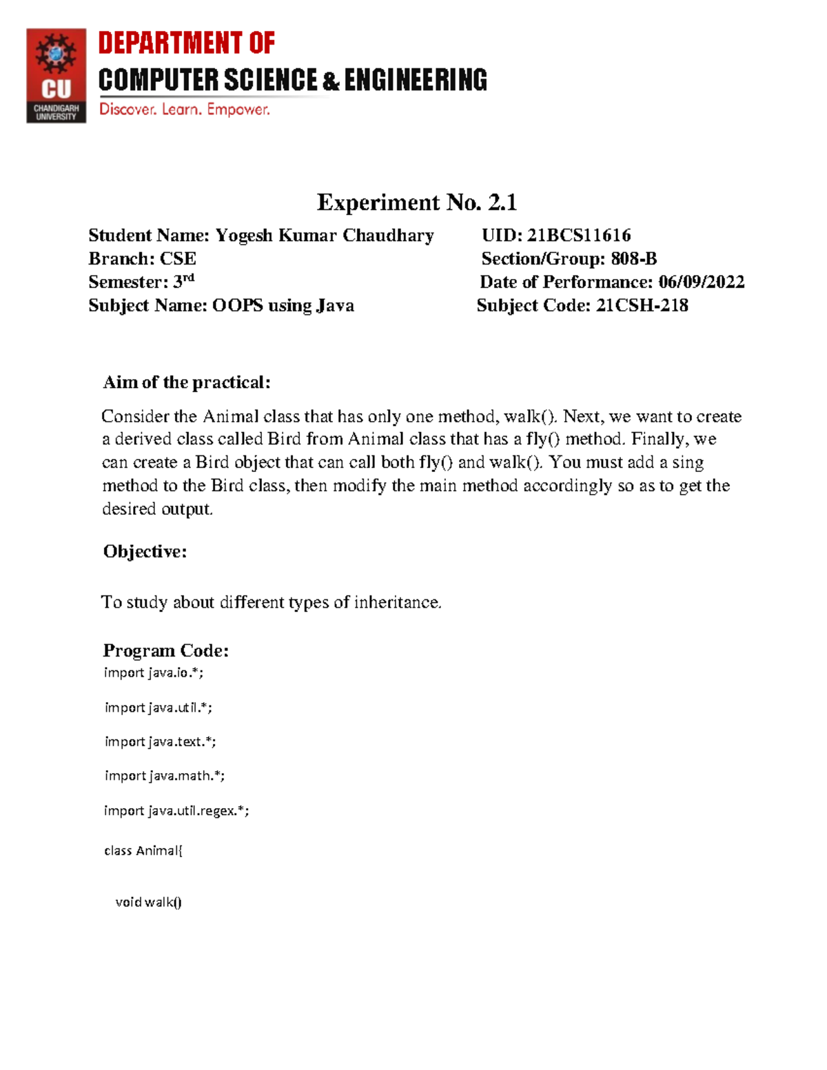 21BCS11616 Java 2 - worksheet - DEPARTMENT OF COMPUTER SCIENCE ...