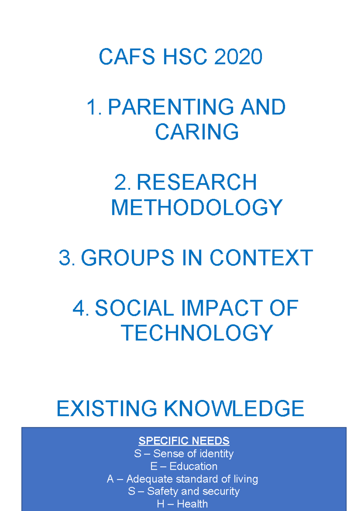 CAFS-HSC-2020 - cafs study notes - CAFS HSC 2020 1. PARENTING AND ...