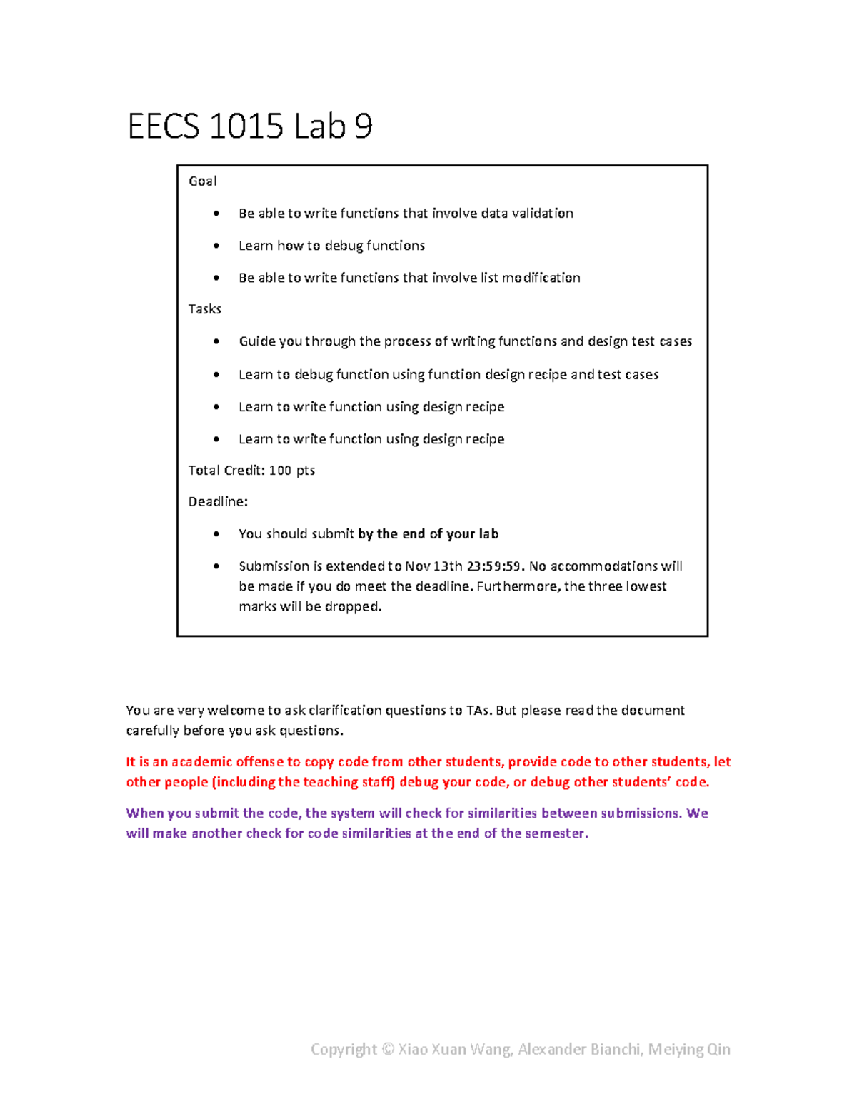 Lab9 Handout - Lab 9, with all 4 tasks. - EECS 1015 Lab 9 You are very welcome to ask ...