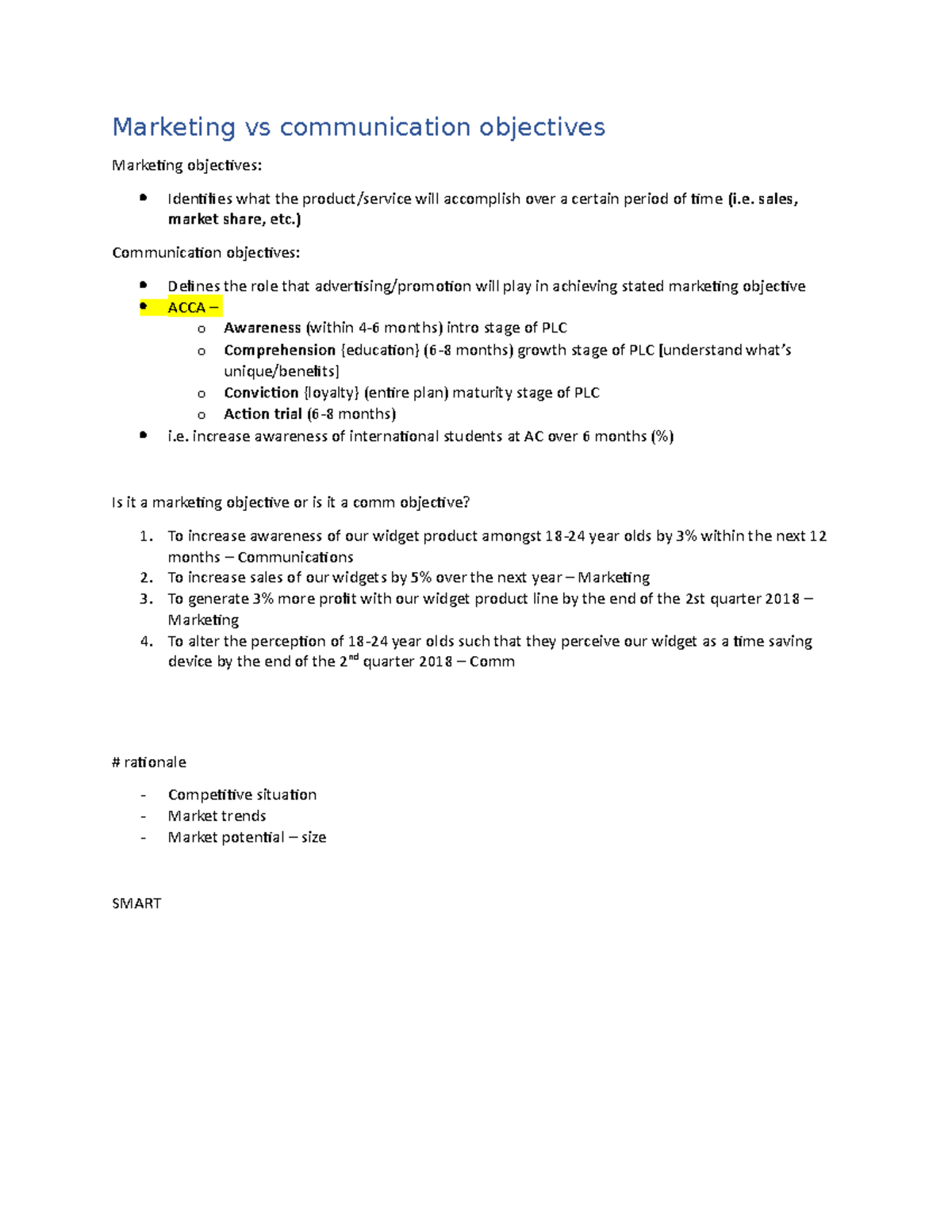 Week 3 ch 4 and 5 - Marketing vs communication objectives Marketing ...