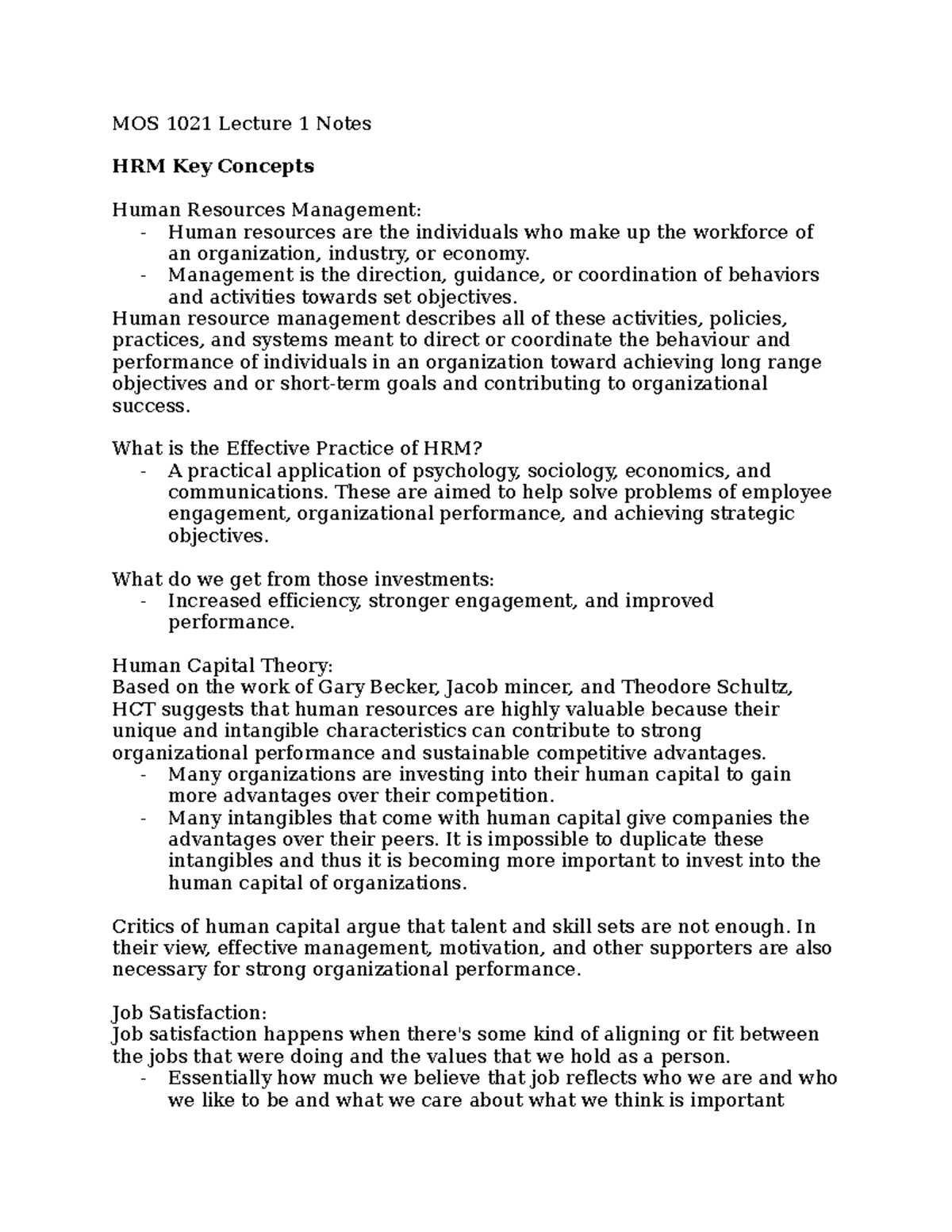 Mos 1021 First Lesson Notes Mos 1021 Lecture 1 Notes Hrm Key