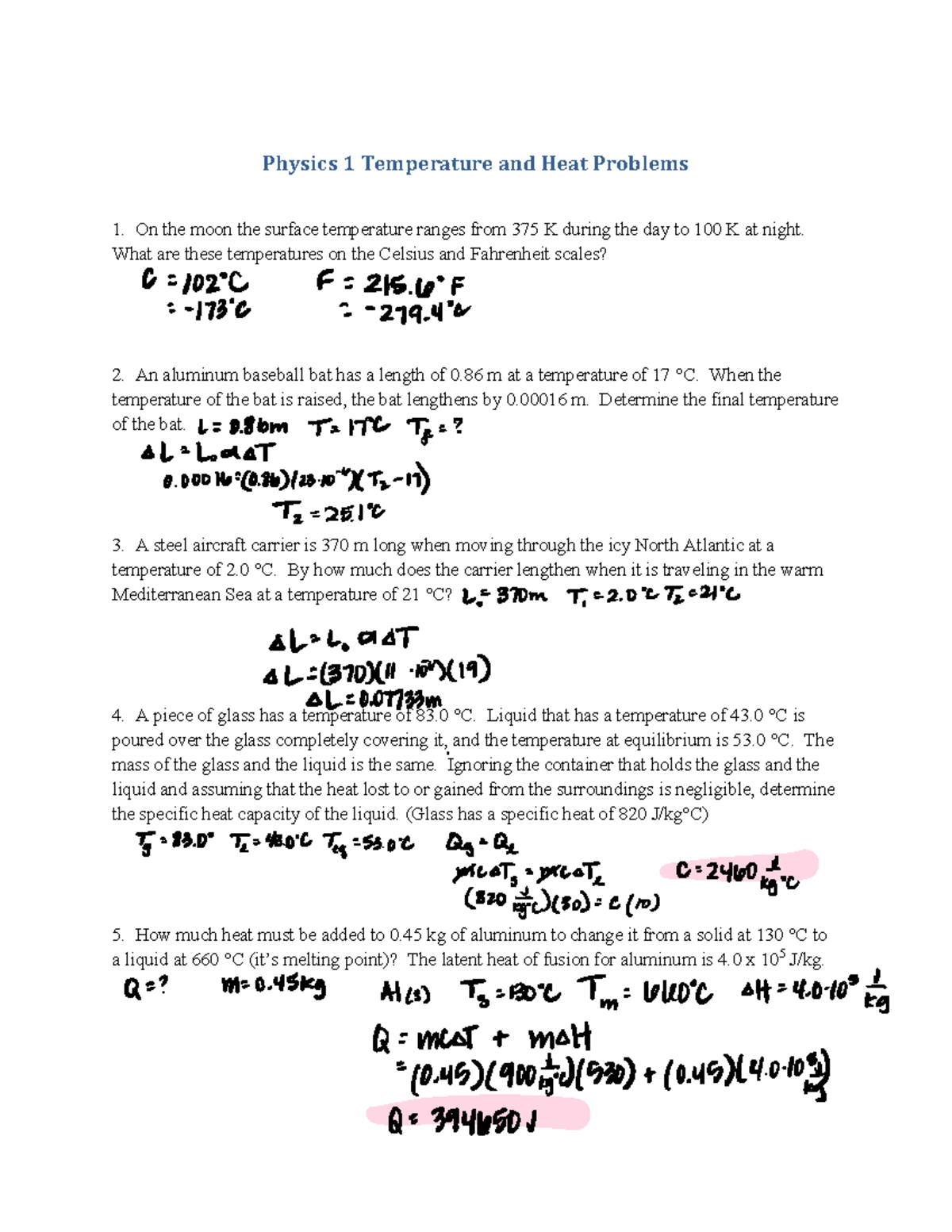 Phys I Temperature+and+Heat+Problems - Physics 1 Temperature and Heat ...