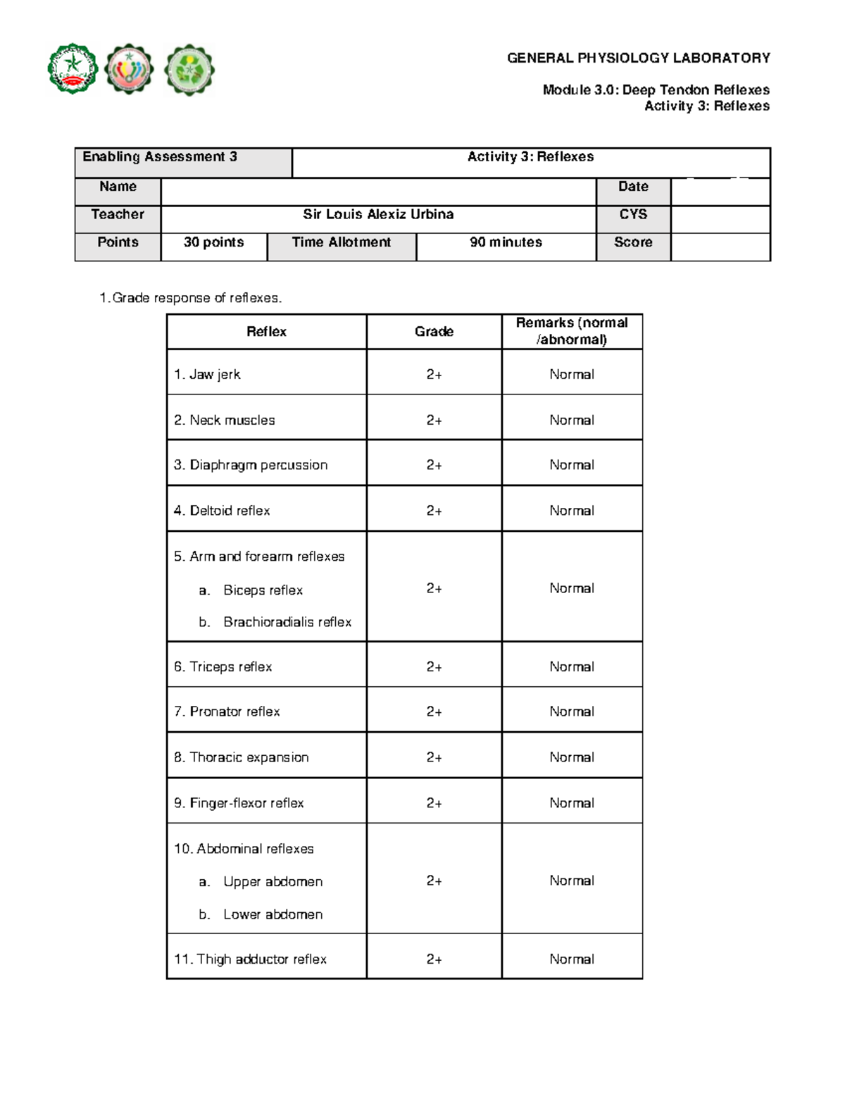 Enabling Assessment Reflexes Lab Report - Module 3: Deep Tendon ...