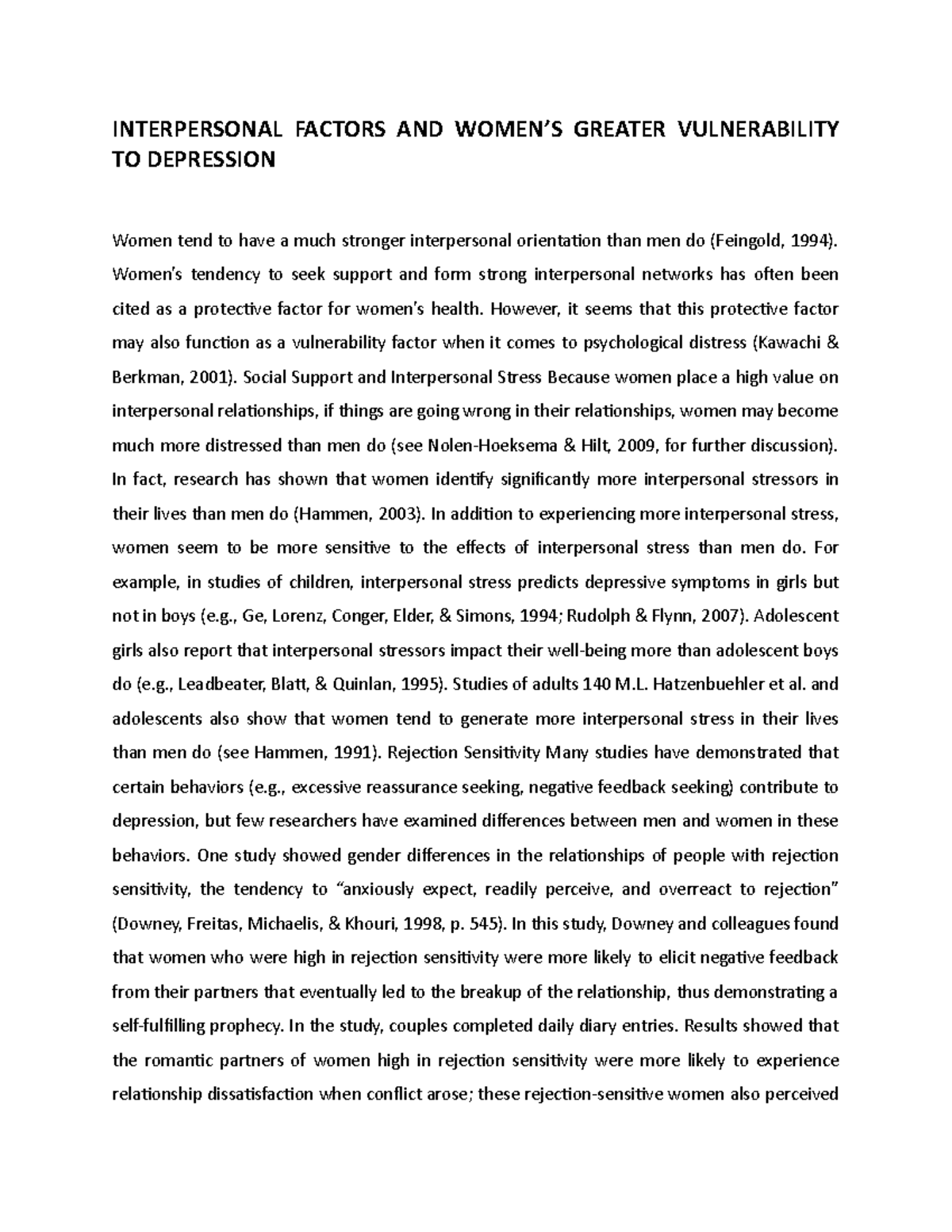 Interpersonal Factors AND Women’S Greater Vulnerability TO Depression ...