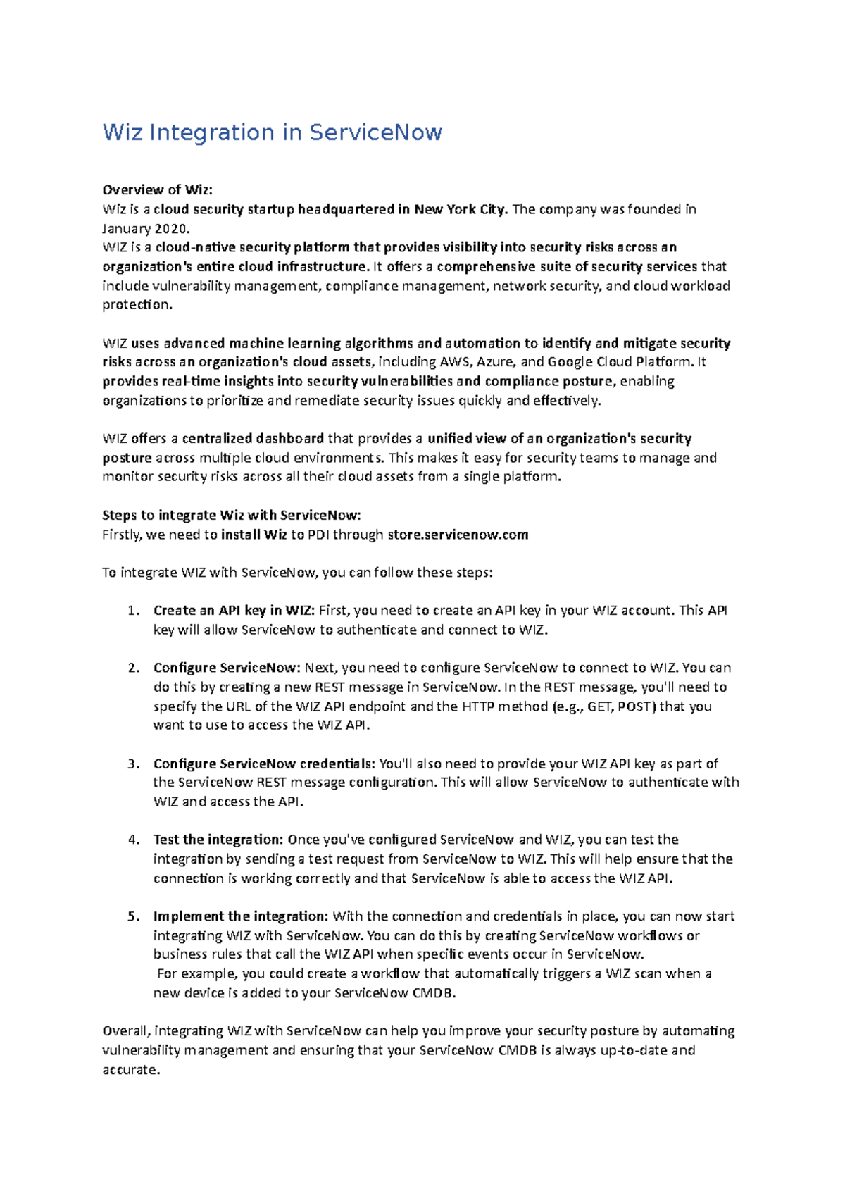 Wiz Integration In Service Now Wiz Integration In Servicenow Overview Of Wiz Wiz Is Ajanuary