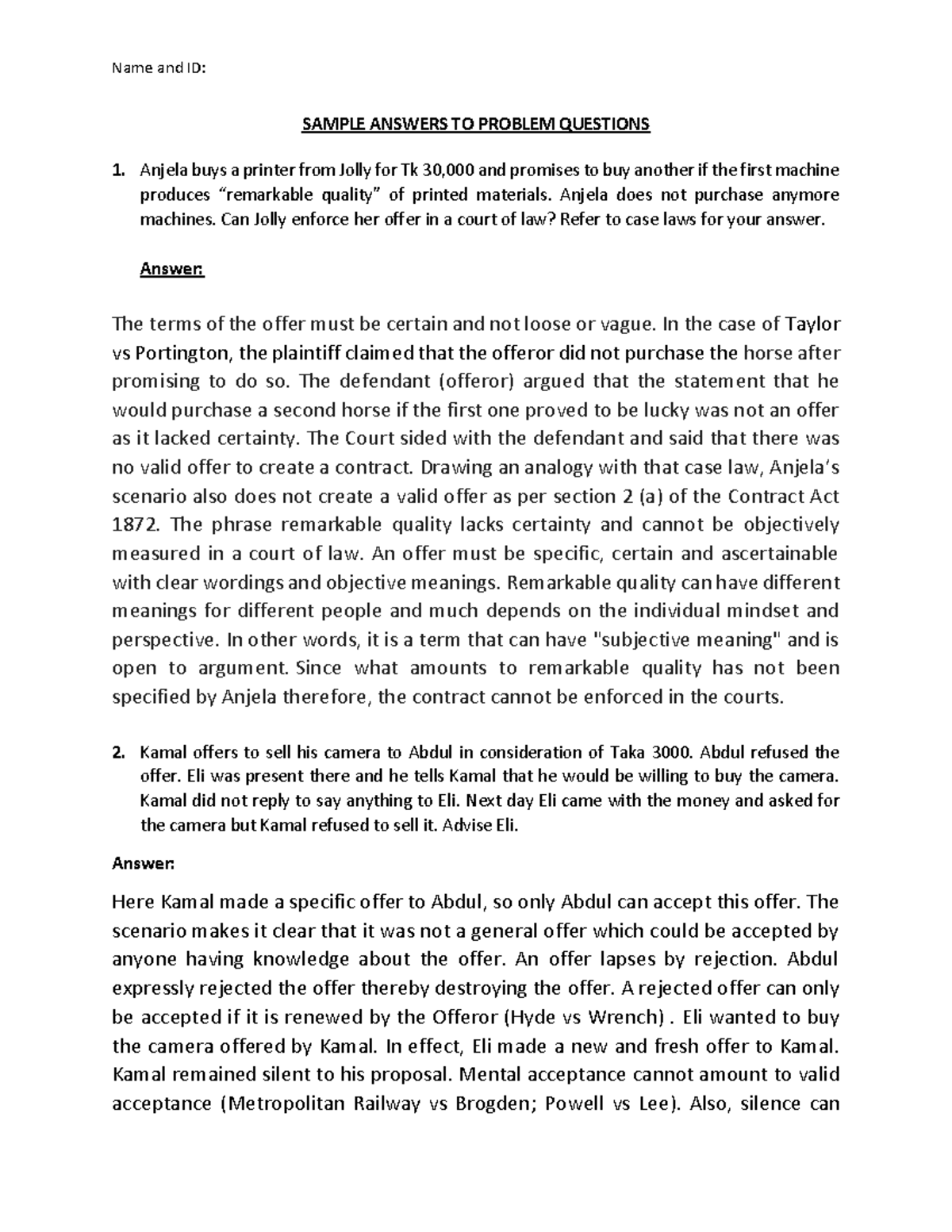 Sample answers to problem questions - Name and ID: SAMPLE ANSWERS TO ...