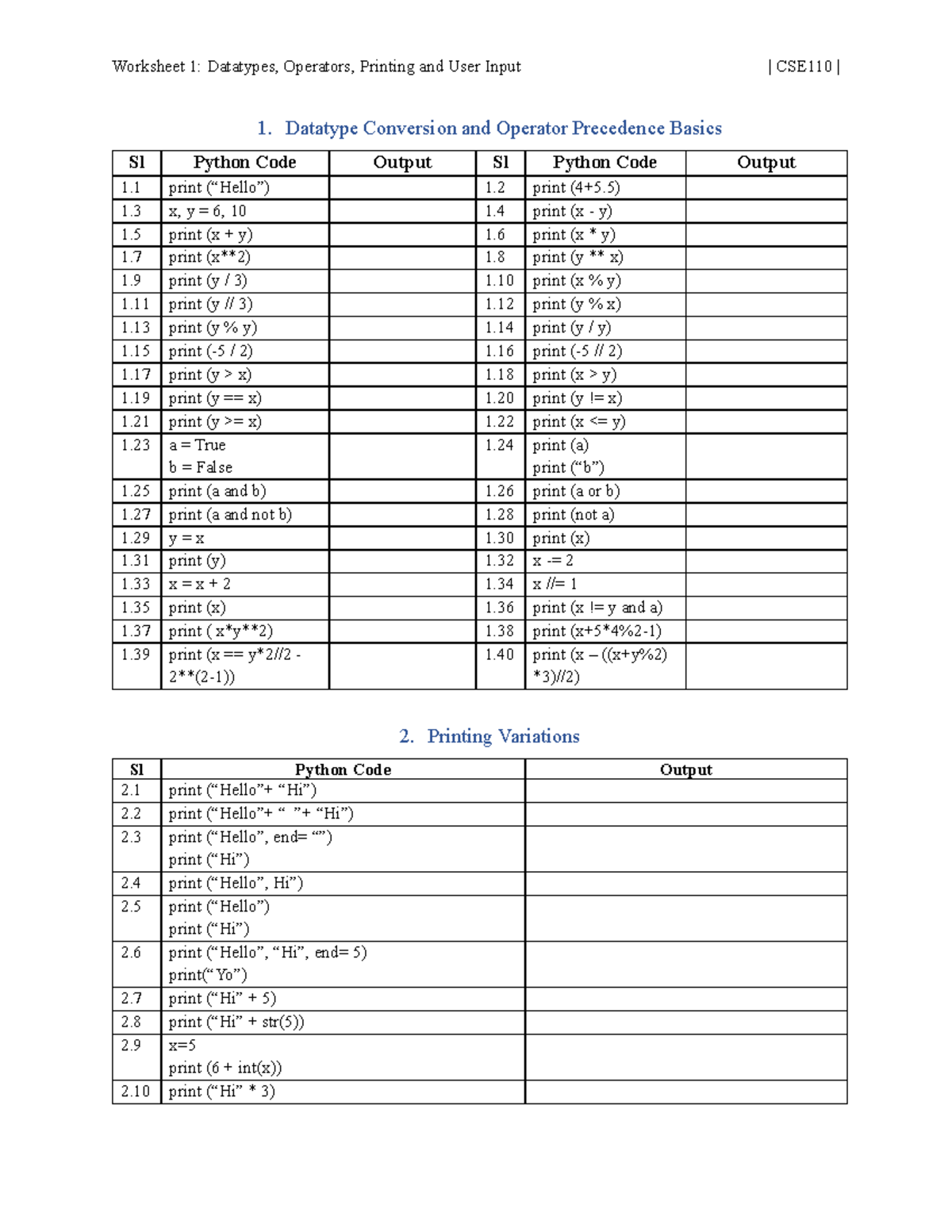 Practice sheet for week 1 made by Sifat Tanvir Sir - Worksheet 1: Datatypes, Operators, Printing ...