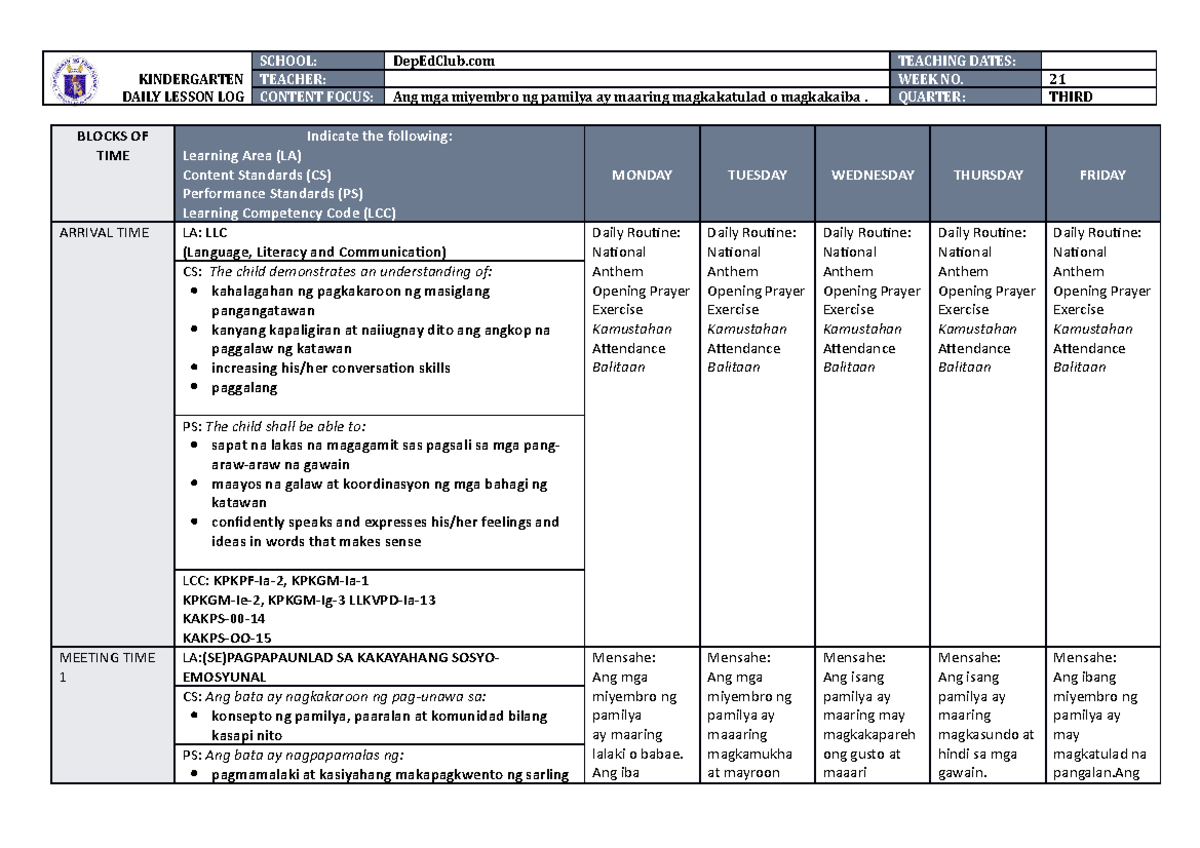 DLL Kinder Q3 W1 - Lesson plan - KINDERGARTEN DAILY LESSON LOG SCHOOL ...