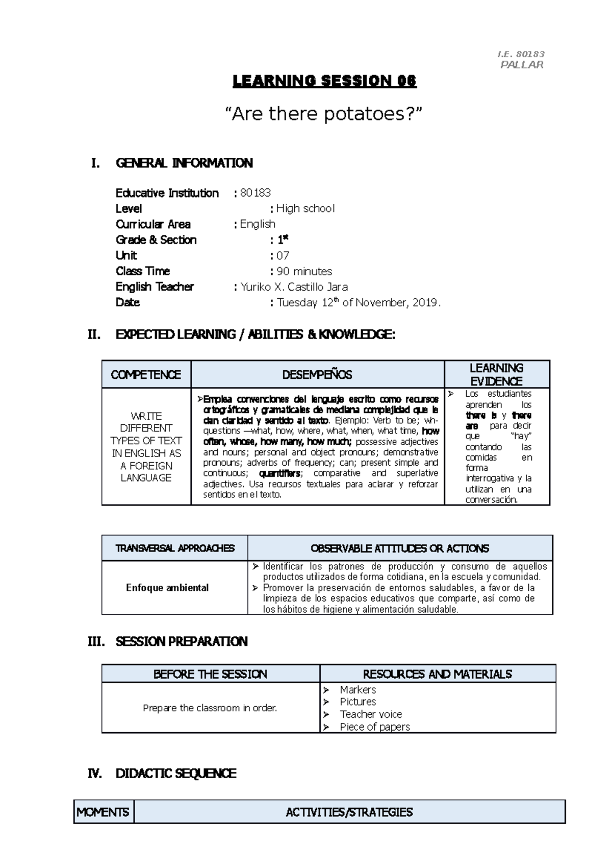 Tuesday - sesion de clase - LEARNING SESSION 06 “Are there potatoes?” I ...