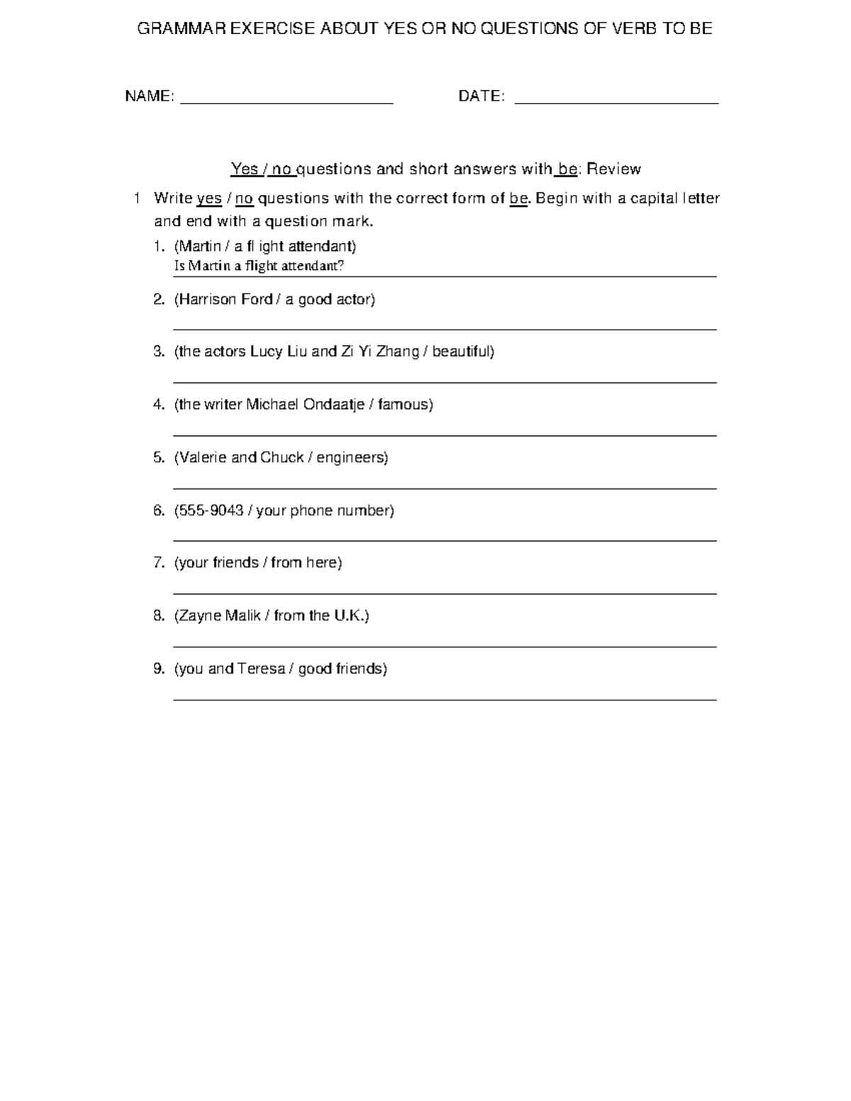 Grammar Exercise About YES or NO Questions OF VERB TO BE - GRAMMAR ...