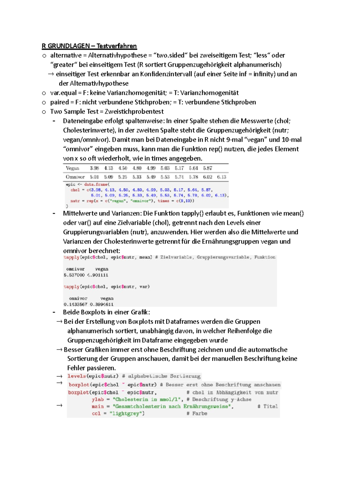 R Testverfahren - Zusammenfassung - R GRUNDLAGEN – Testverfahren o ...