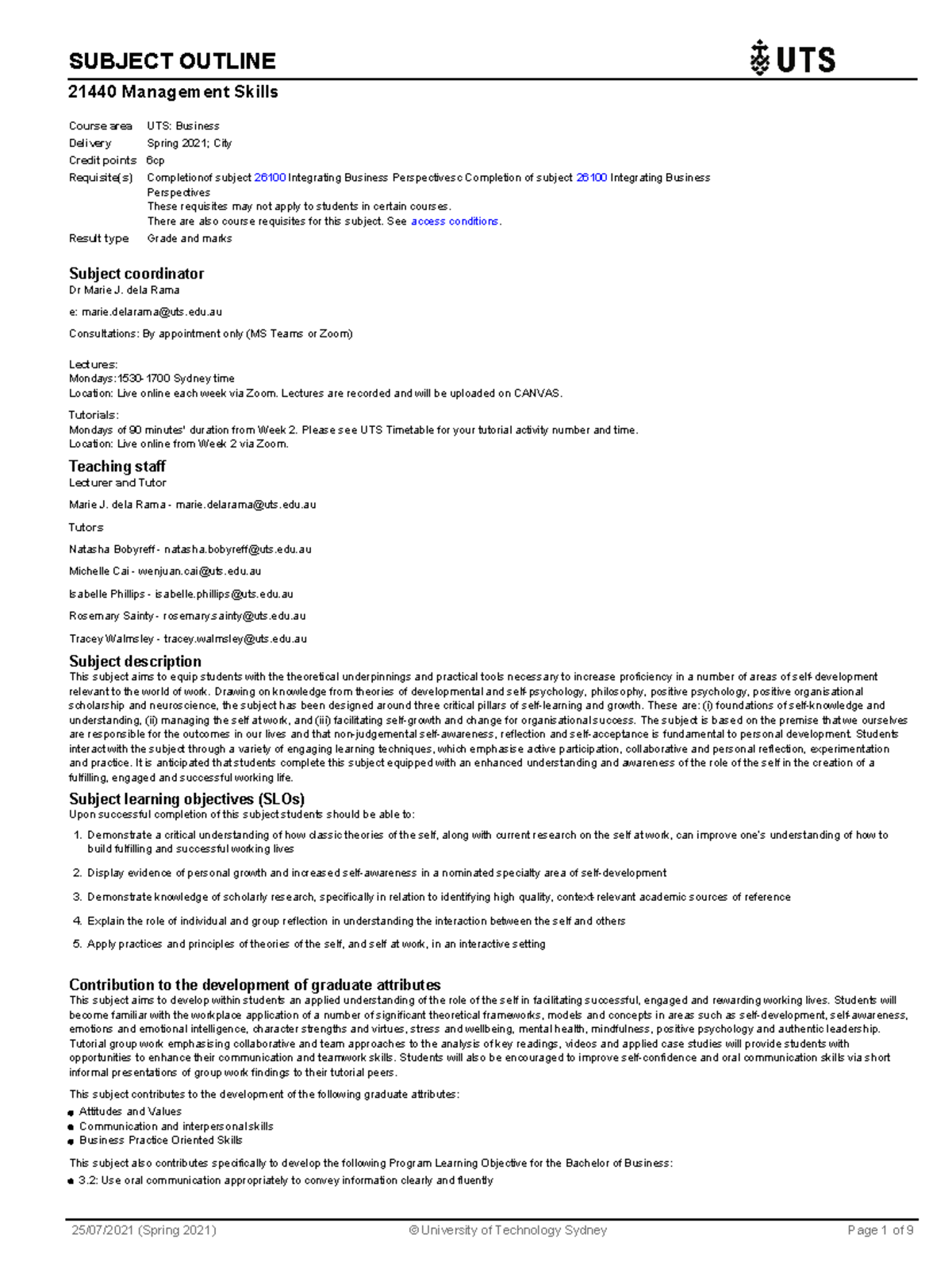 PDFs - Management Skills- Subject Outline 2021/2022 UTS - SUBJECT ...