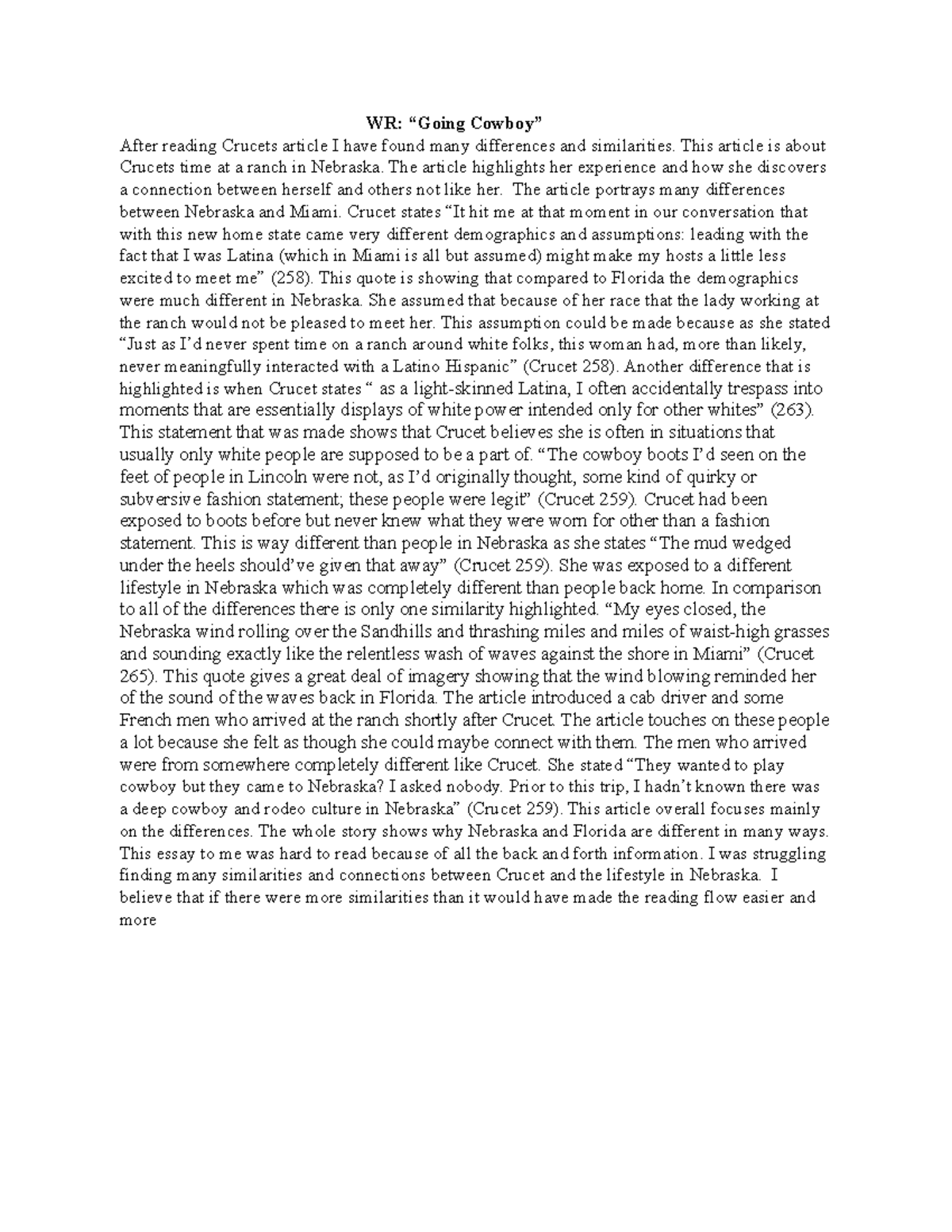 WR “Going Cowboy” - WR essay for Hannah Abrabhms, 100% - WR: “Going ...