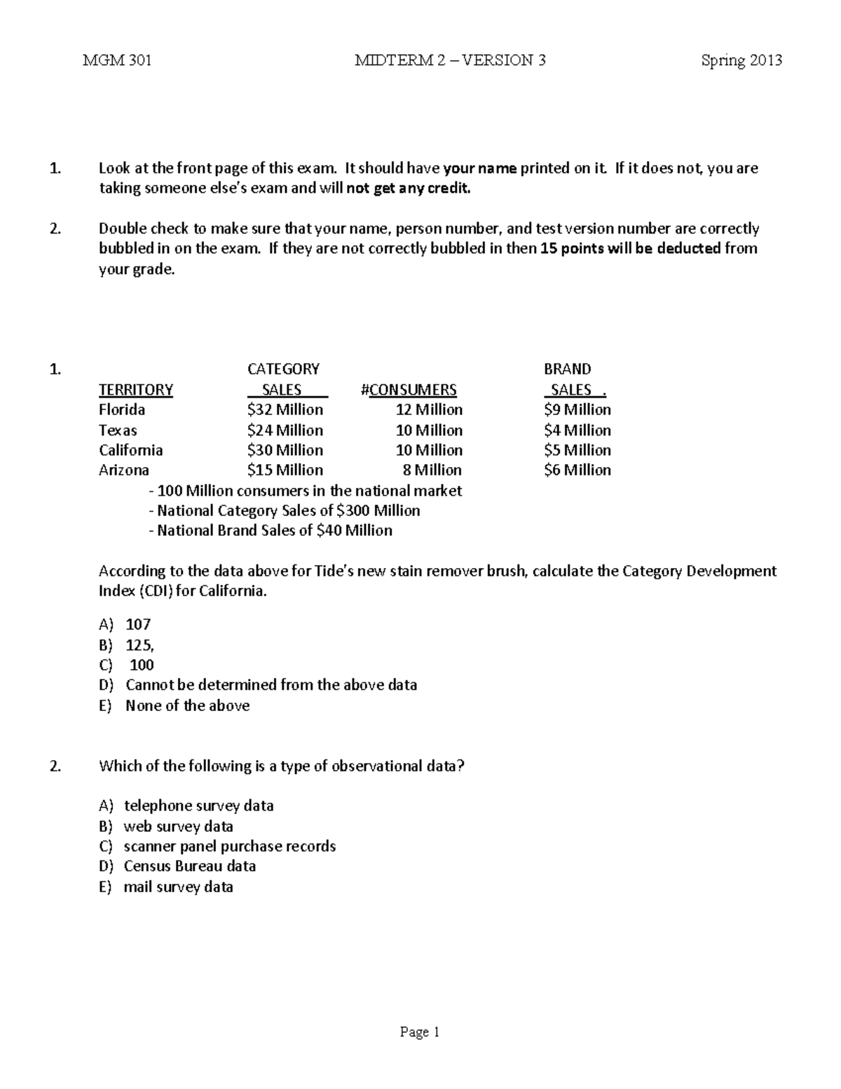 Mgm 301 stolen exam 2 no answers - Look at the front page of this exam ...