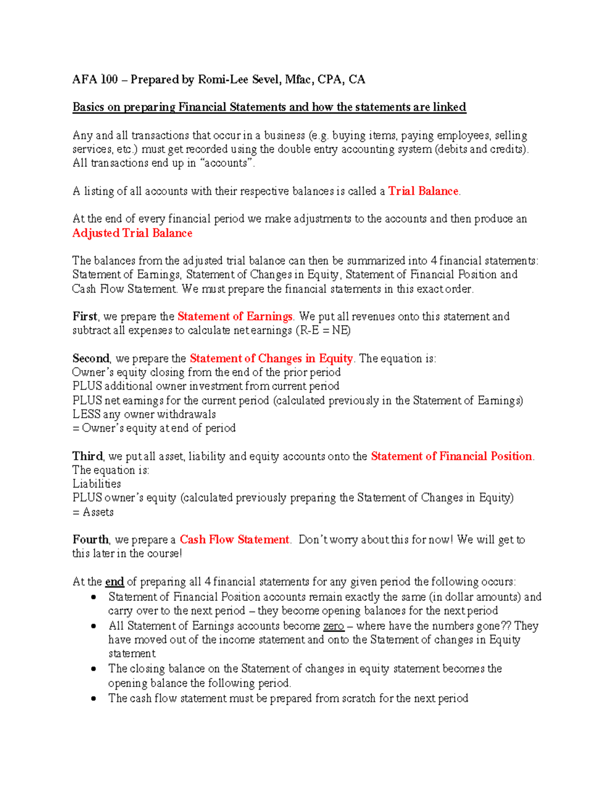 AFA 100 – Link between financial statements - AFA 100 – Prepared by ...