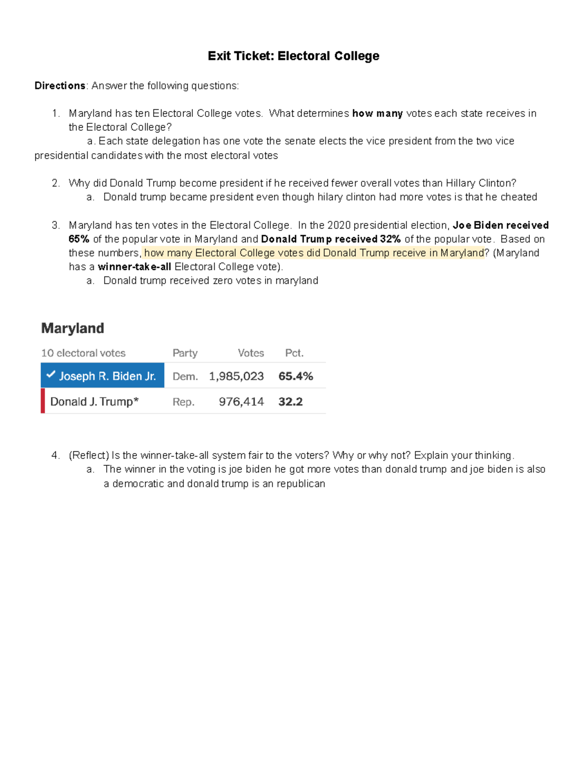 - Exit Ticket Electoral College - Exit Ticket: Electoral College ...
