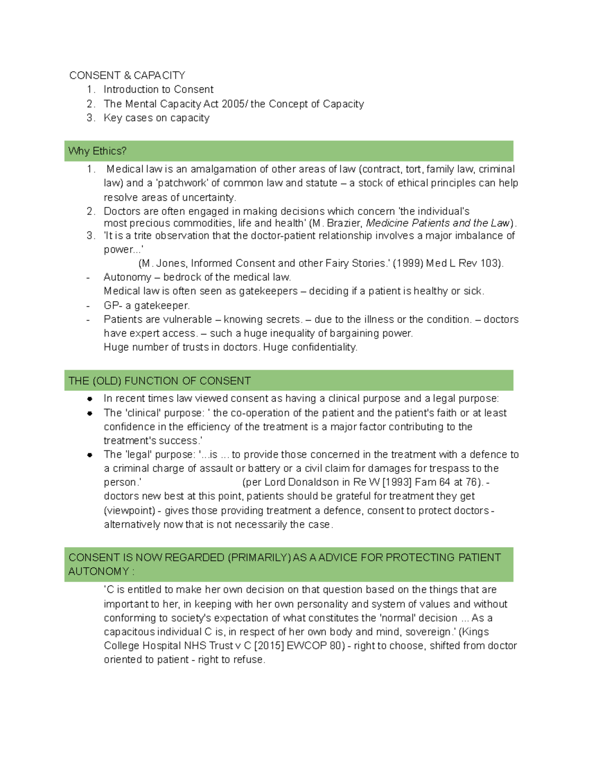 (cycle 1) Consent - Lecture notes - CONSENT & CAPACITY Introduction to ...