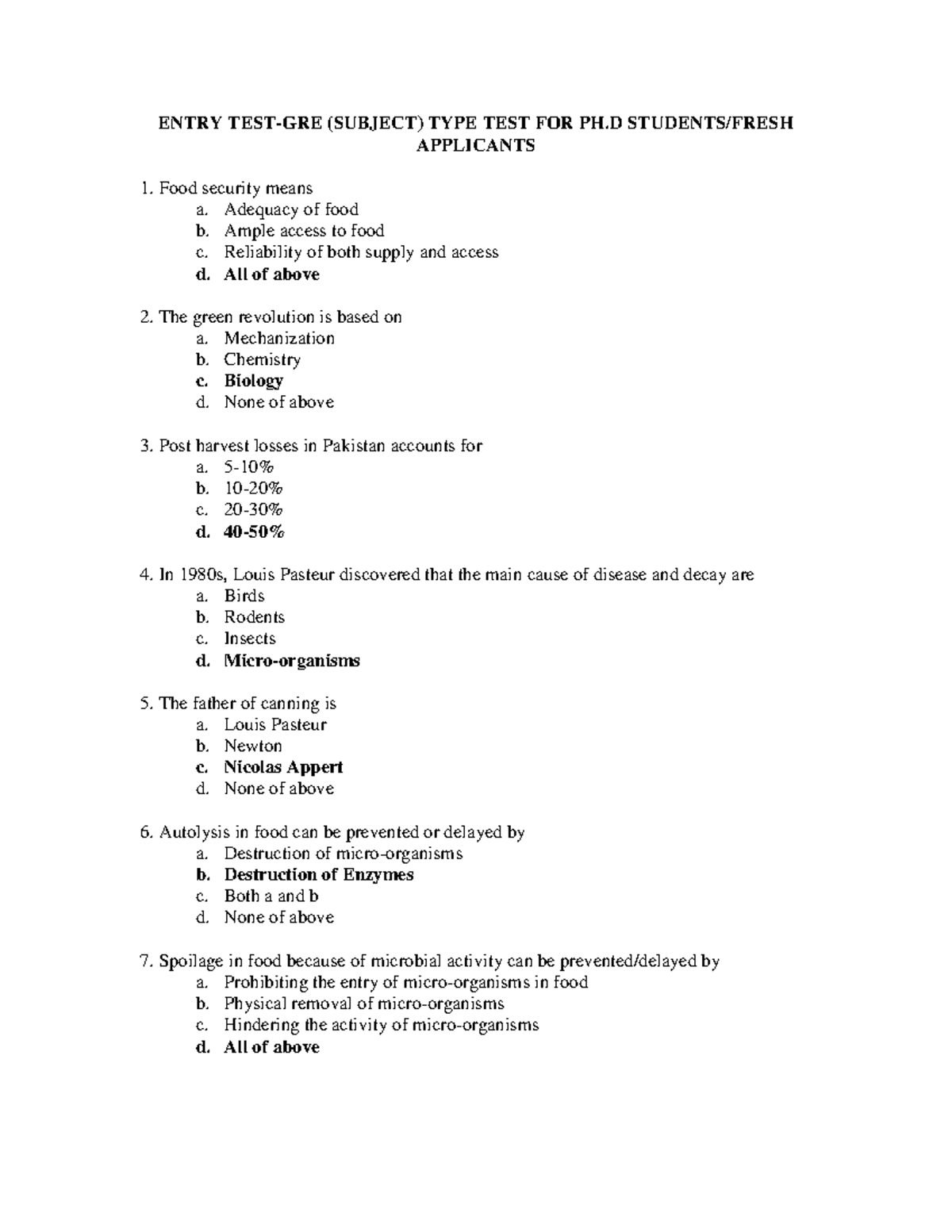 Food science MCQs 1 1 - ENTRY TEST-GRE (SUBJECT) TYPE TEST FOR PH ...