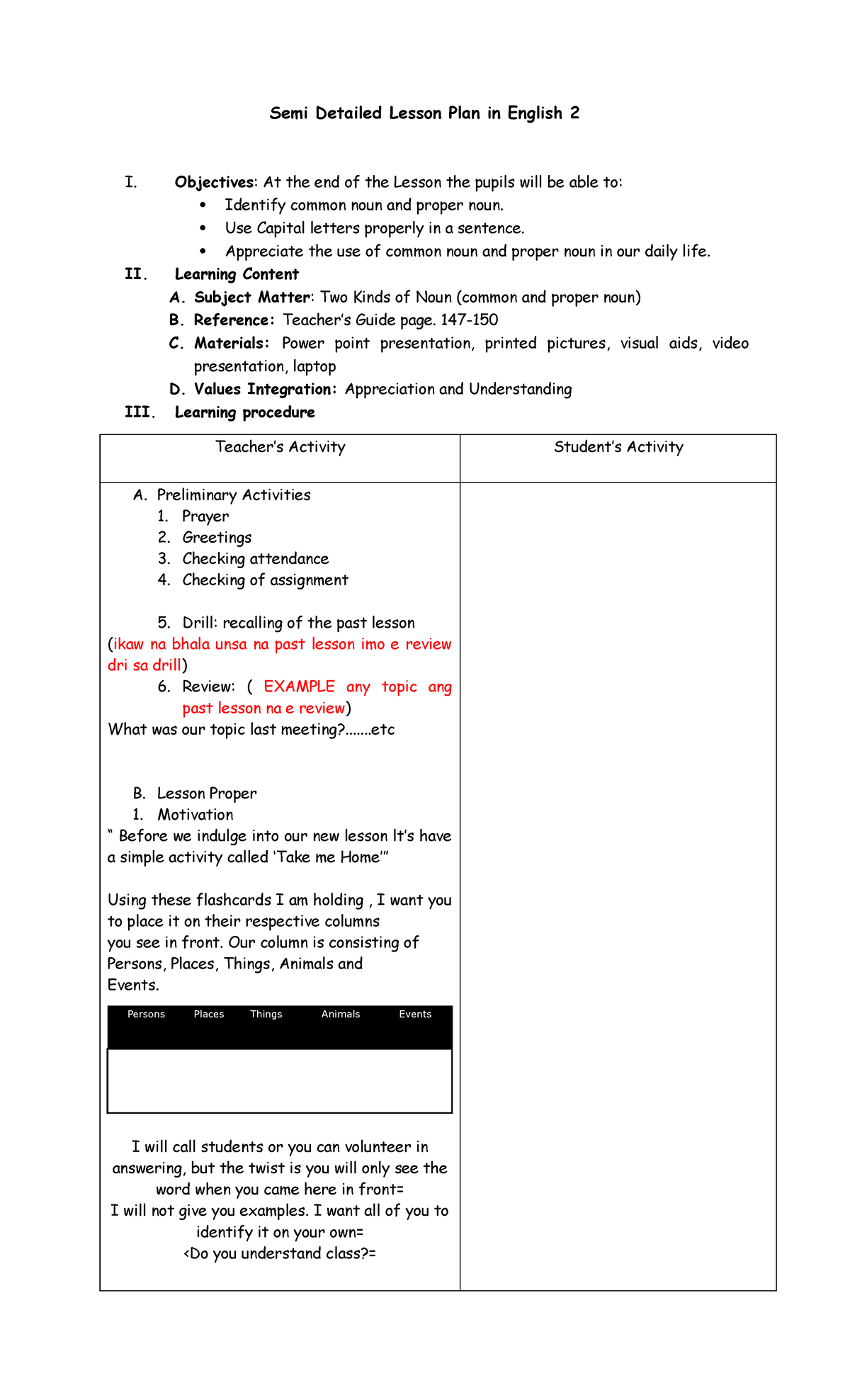 Detailed Lesson Plan in English 2 Nouns - Semi Detailed Lesson Plan in ...