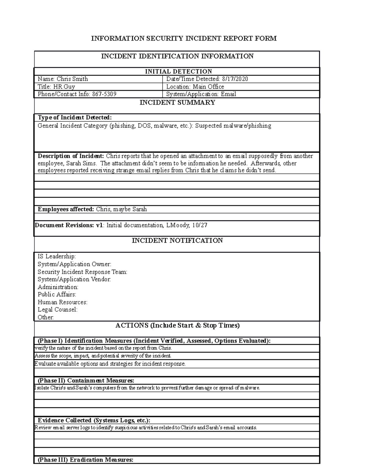 IR Report Form - INFORMATION SECURITY INCIDENT REPORT FORM INCIDENT ...