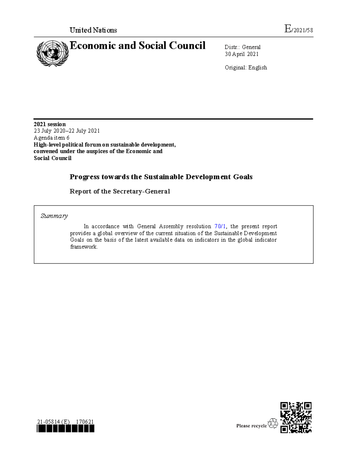 Secretary general sdg report 2021 EN - United Nations E/2021/ Economic ...