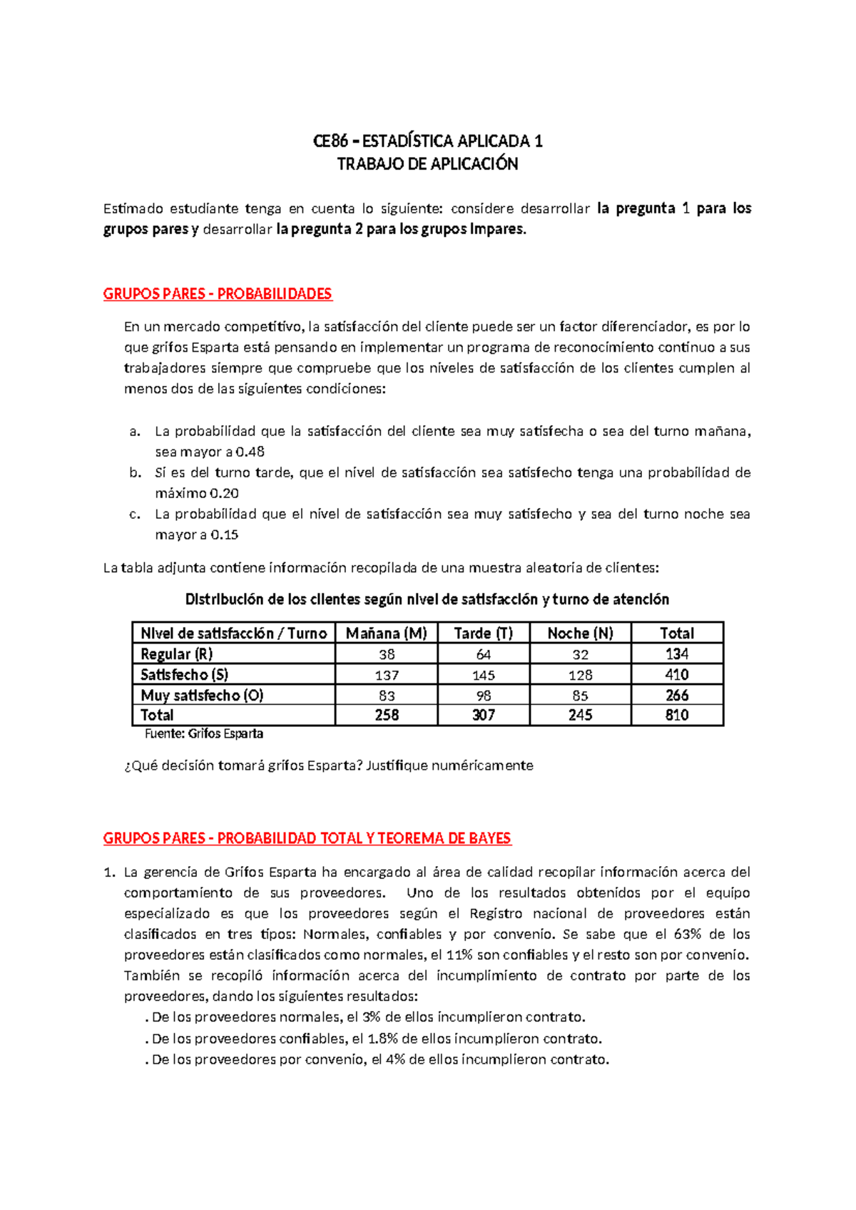 Trabajo Grupal N°2 - Estadistica - CE86 ESTADÍSTICA APLICADA 1 TRABAJO DE APLICACIÓN Estimado ...