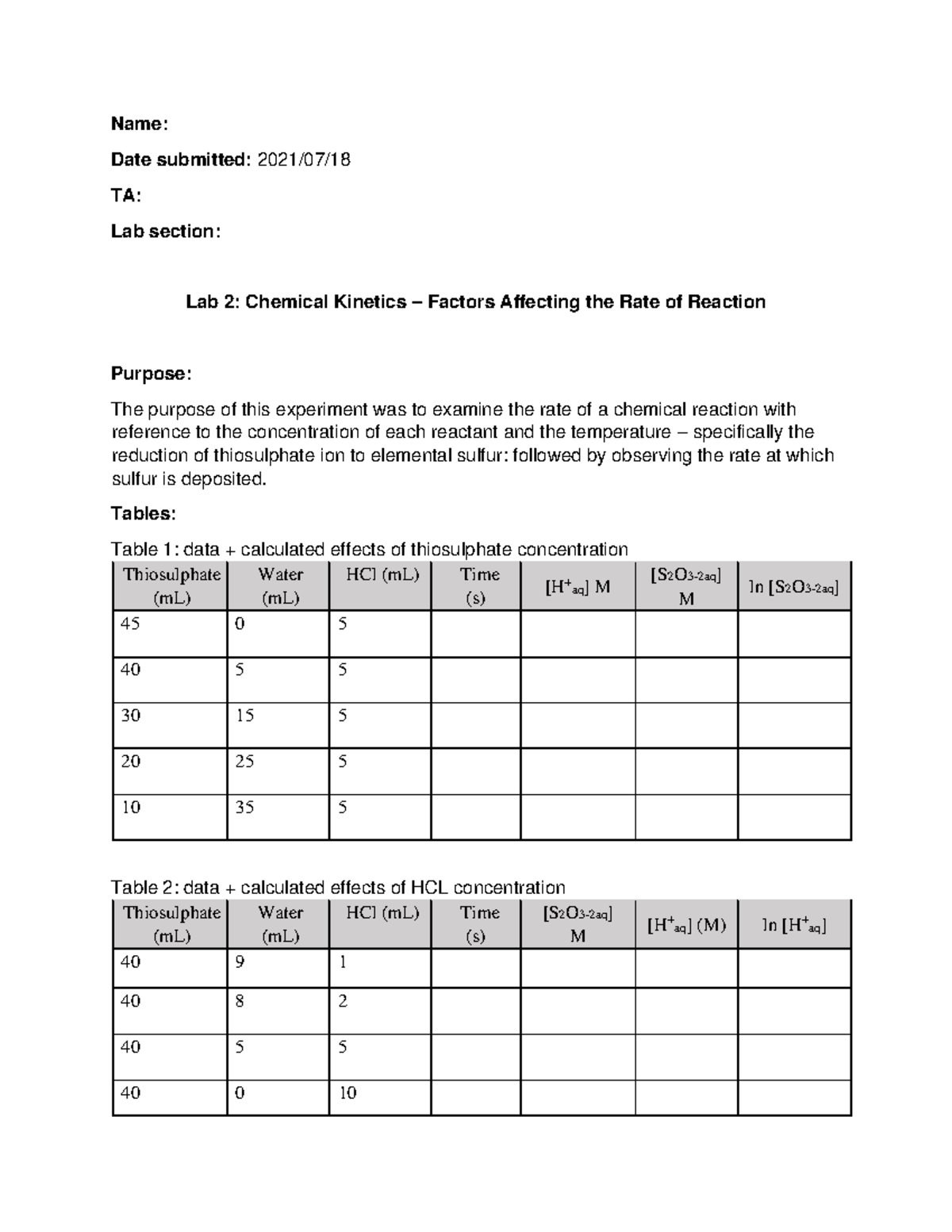 CHEM 1002- Kin pre-lab - Got a good grade. - Name: Date submitted: 2021 ...