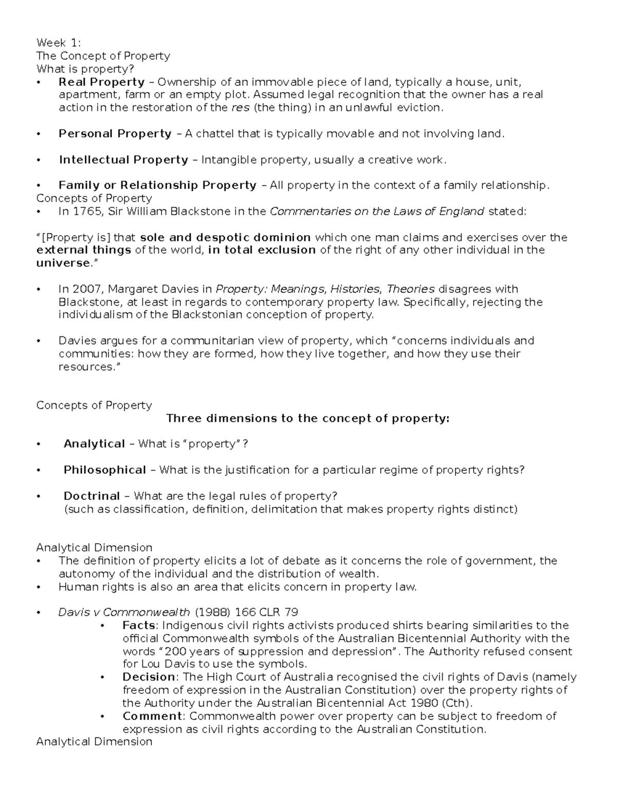 Property Notes - Week 1: The Concept of Property What is property? Real ...