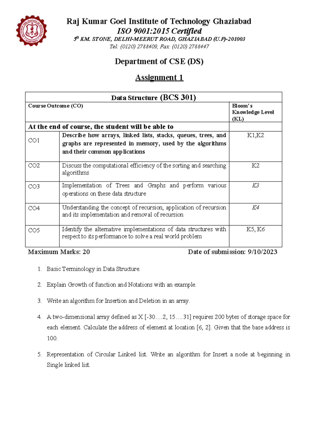 Assignment- 1 - Raj Kumar Goel Institute of Technology Ghaziabad ISO ...