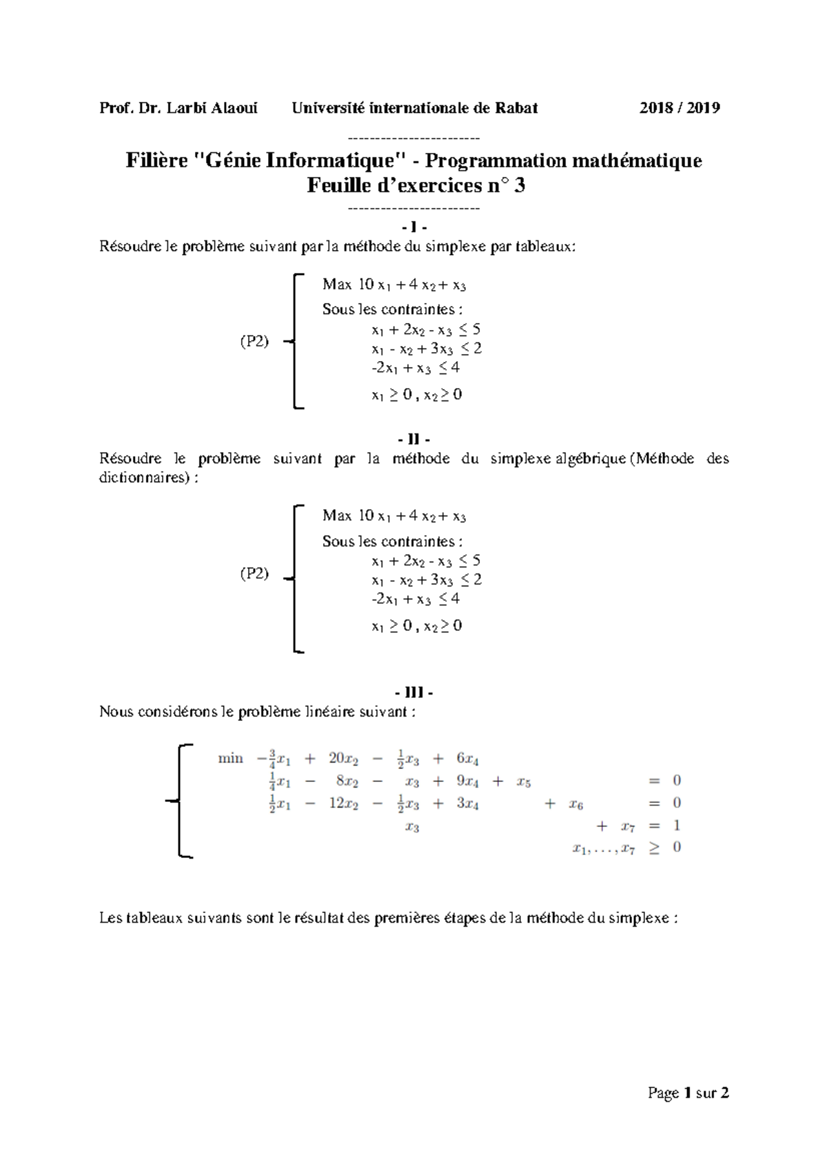 Programmation Mathématique Recherche opérationnelle - Page 1 sur 2 Prof ...